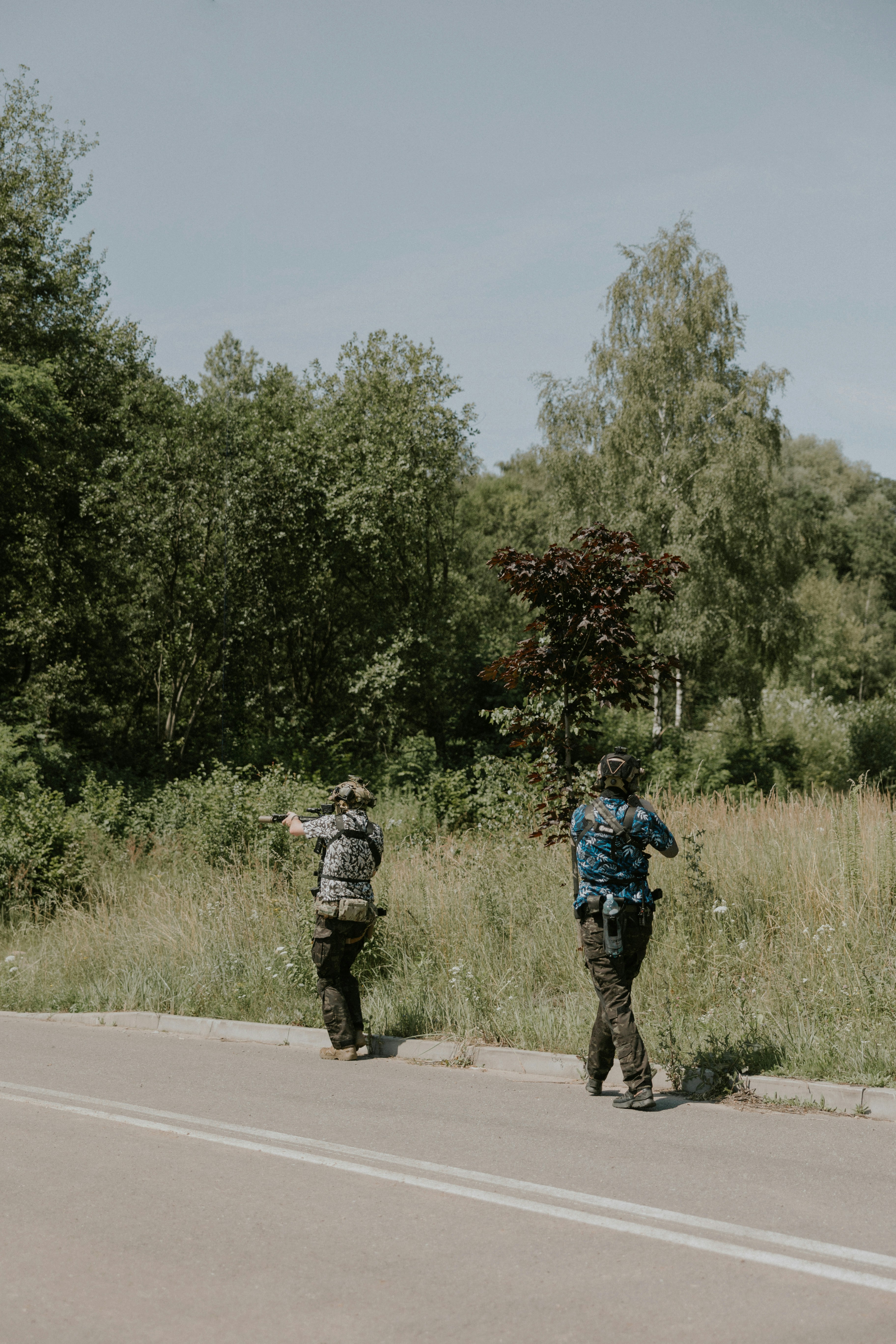 Two silhouettes pause along a sunlit roadside amid meadow and trees