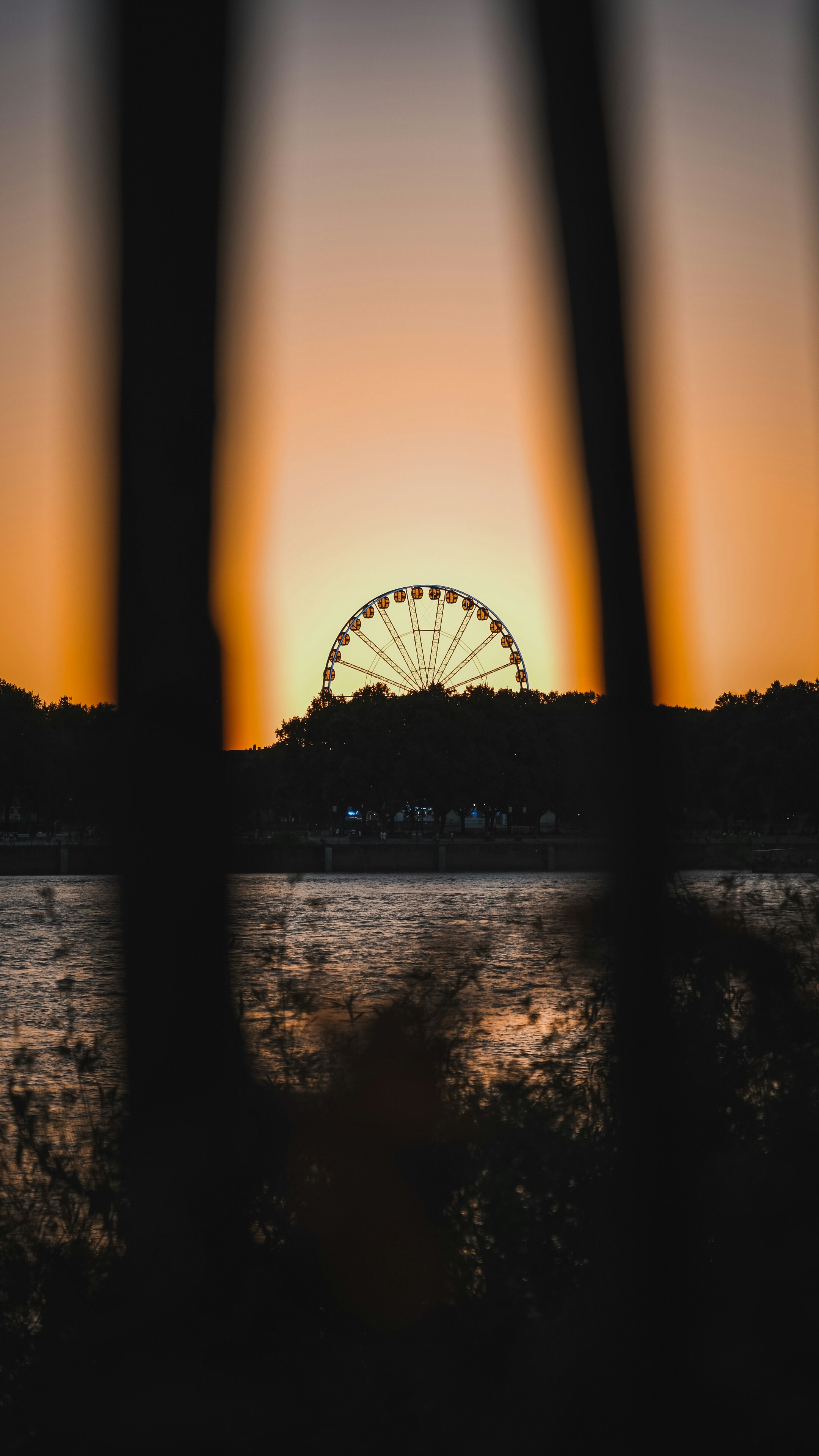 Sunset Ferris Wheel in Focus Through Foreground Bars