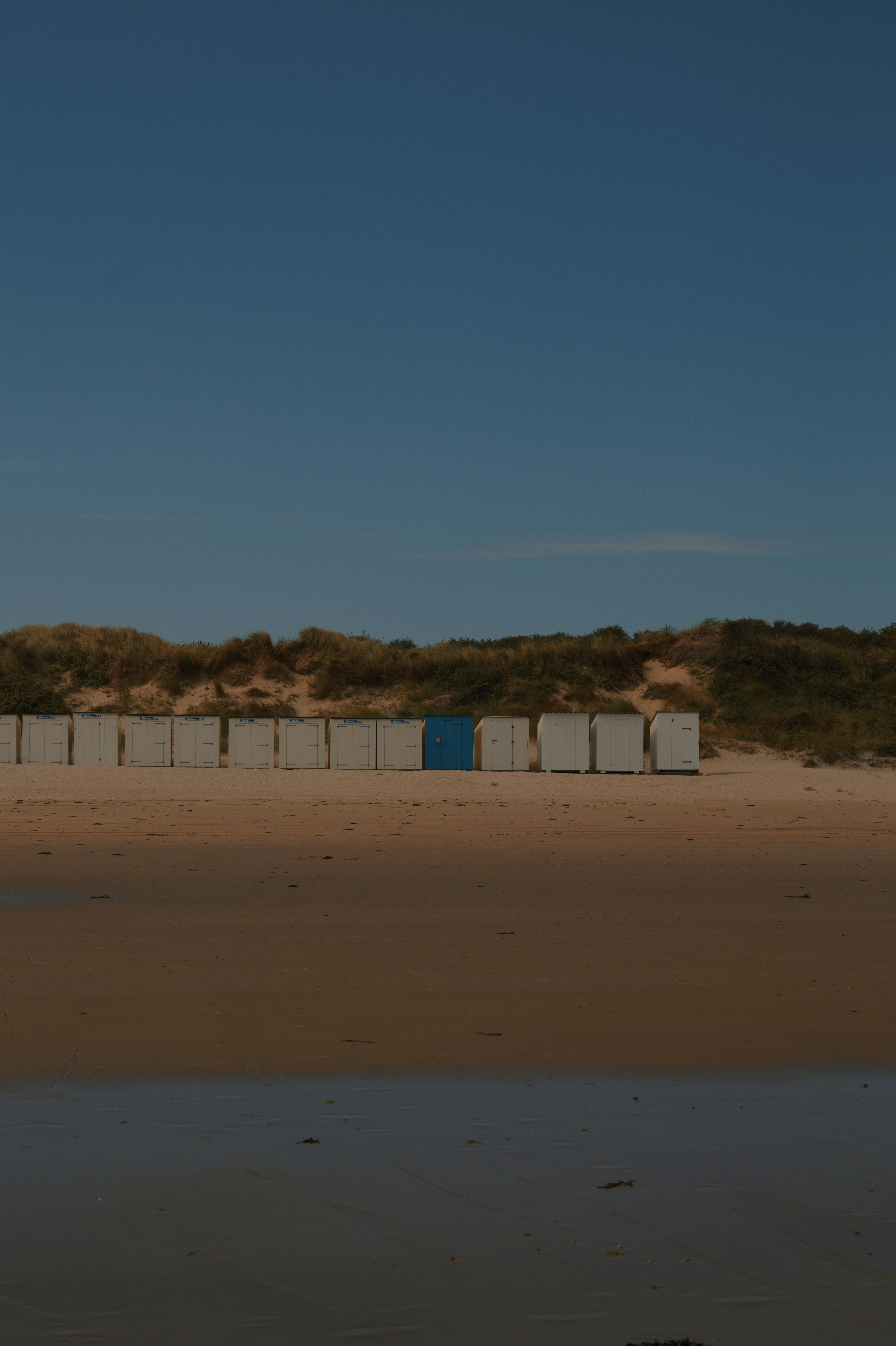 Blue Door Among the Dunes: A Row of Beach Lockers Under a Quiet Sky
