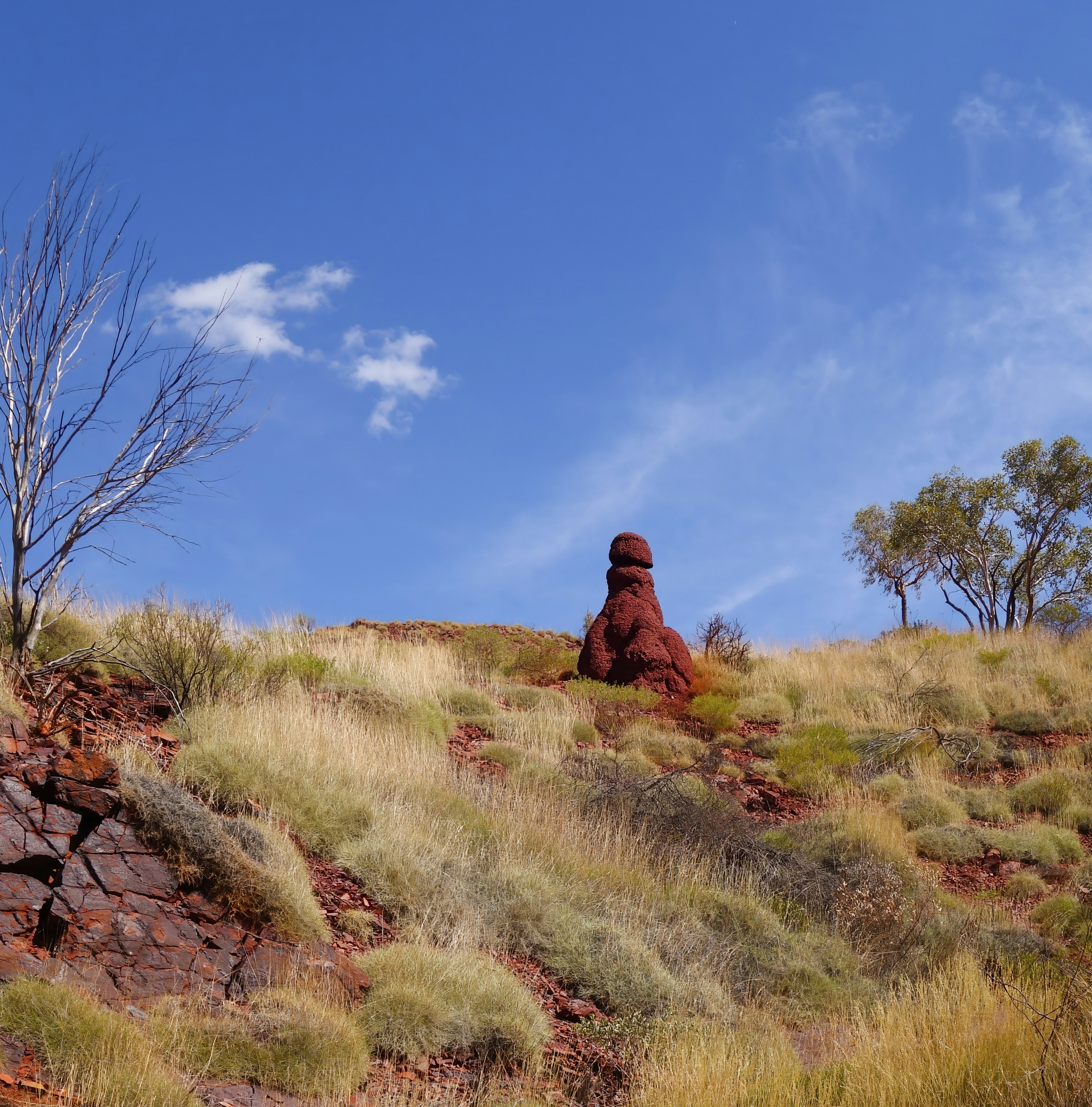 Desert Red Stone Sentinel Against A Clear Blue Sky
