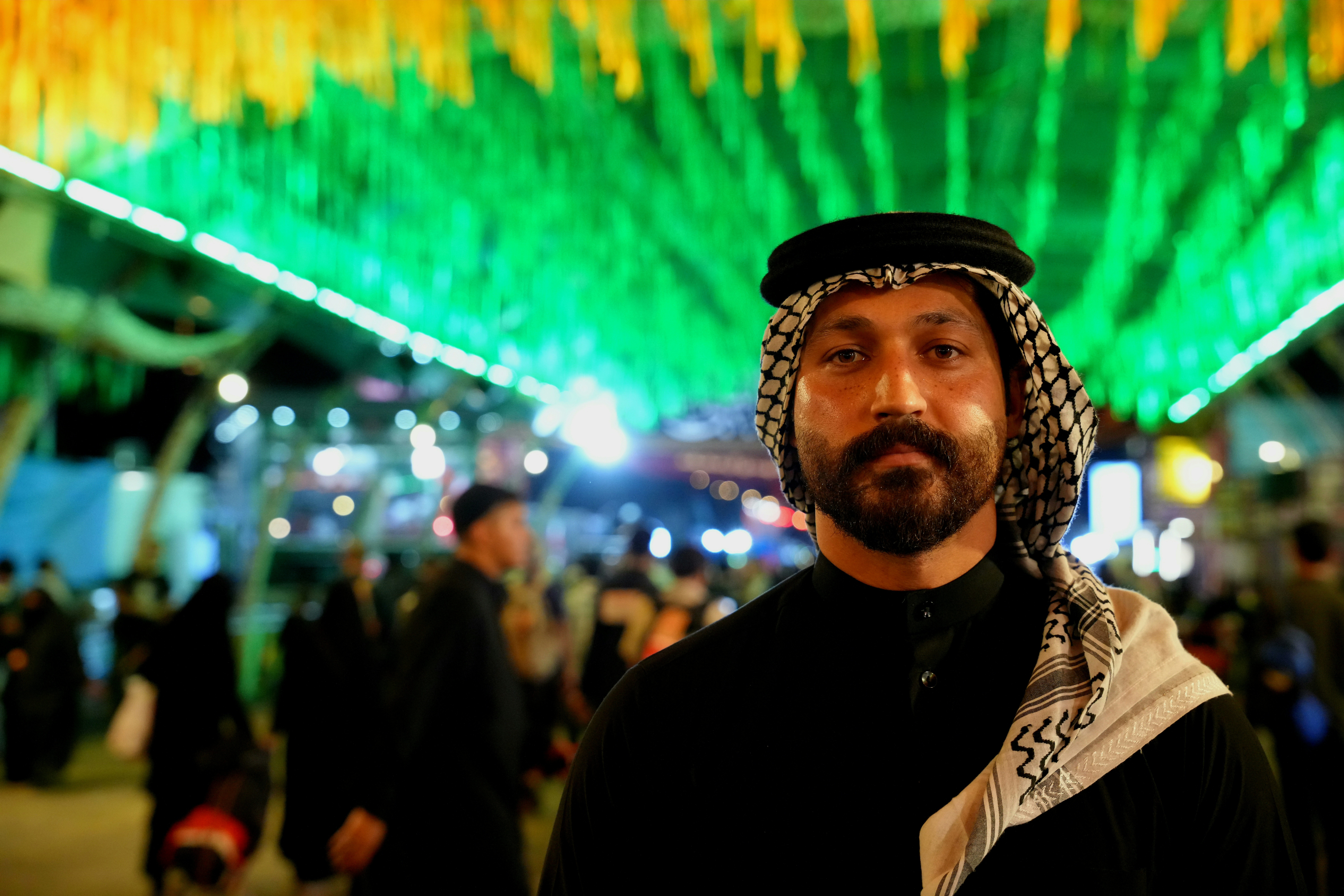 Midnight Lanterns: The Attentive Stranger Under Neon Canopy