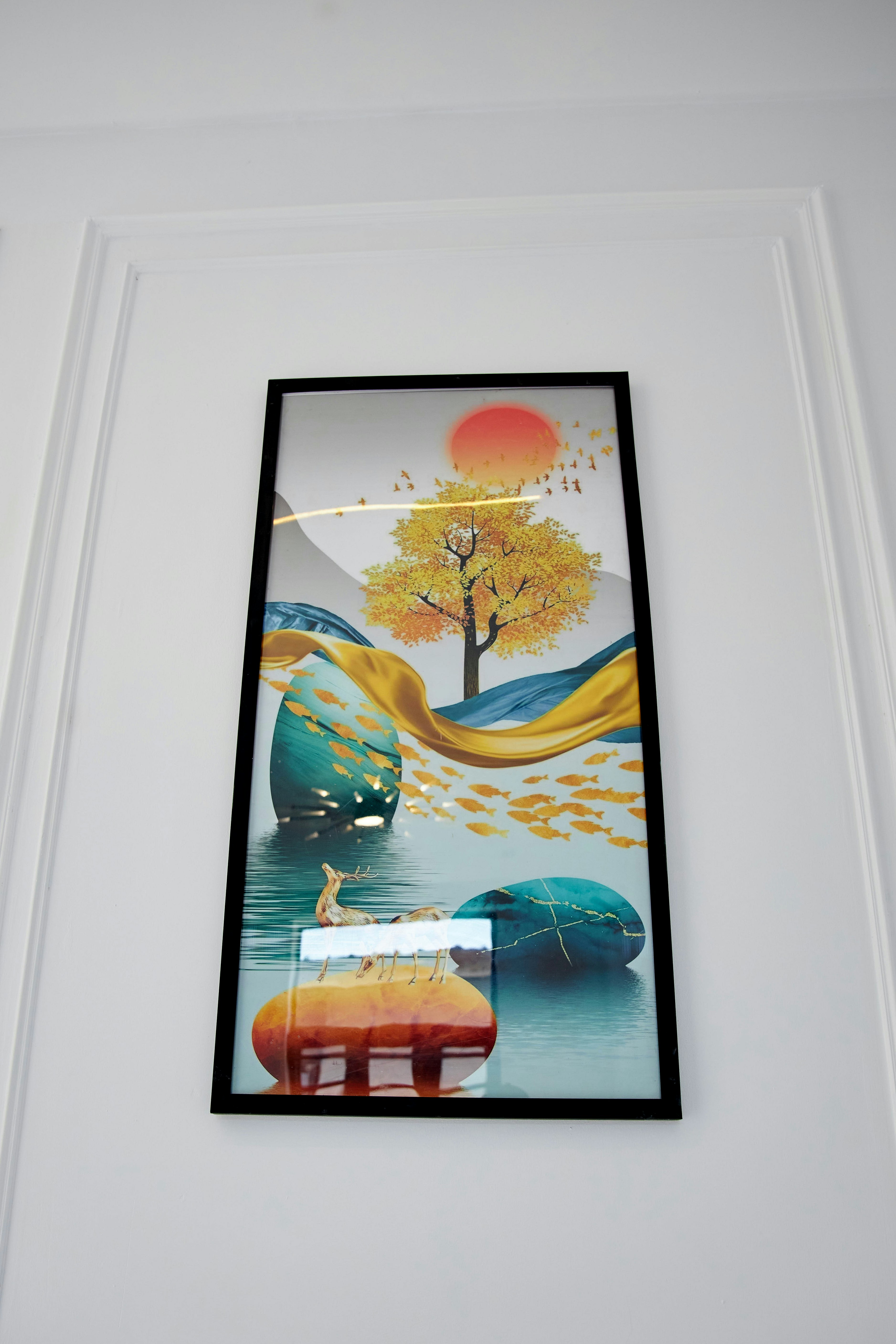 Vertical Framed Journey: A Sunset Tree Surrounded by Quiet Waves