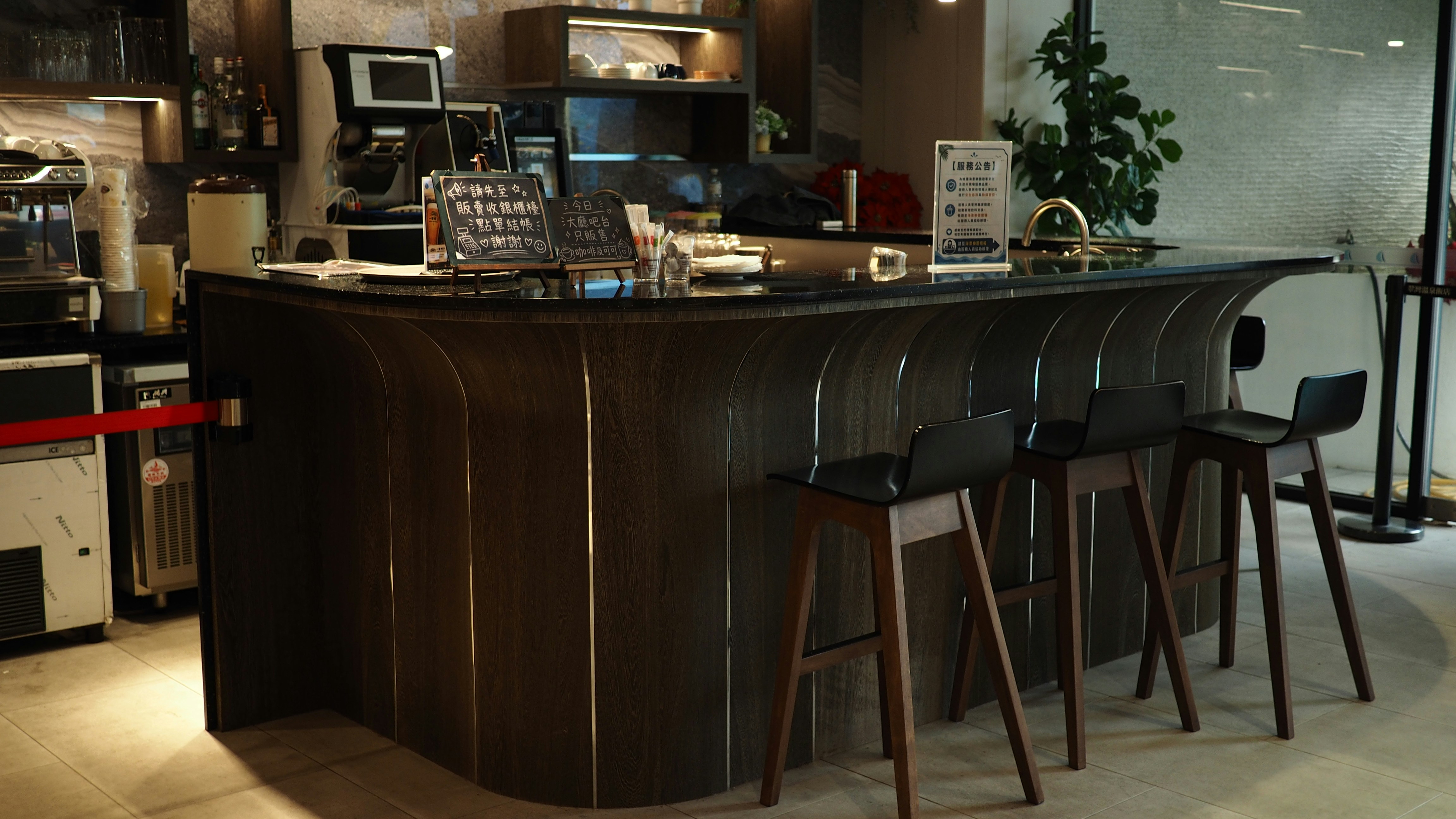 Quiet Corner at the Bar: Modern Café with Curved Birch Counter