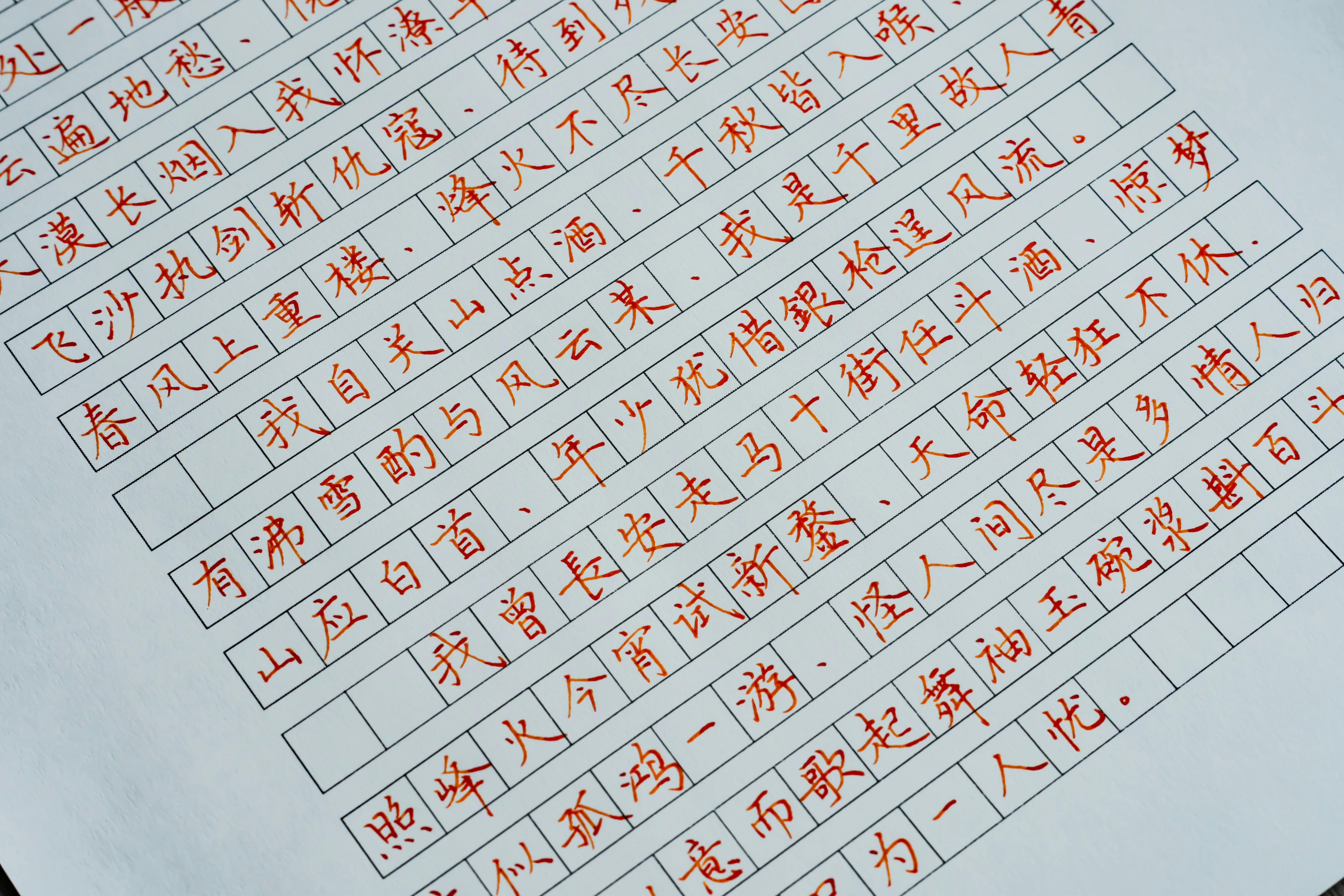 Ink in Rows: A Sea of Red Characters on White Grid Paper