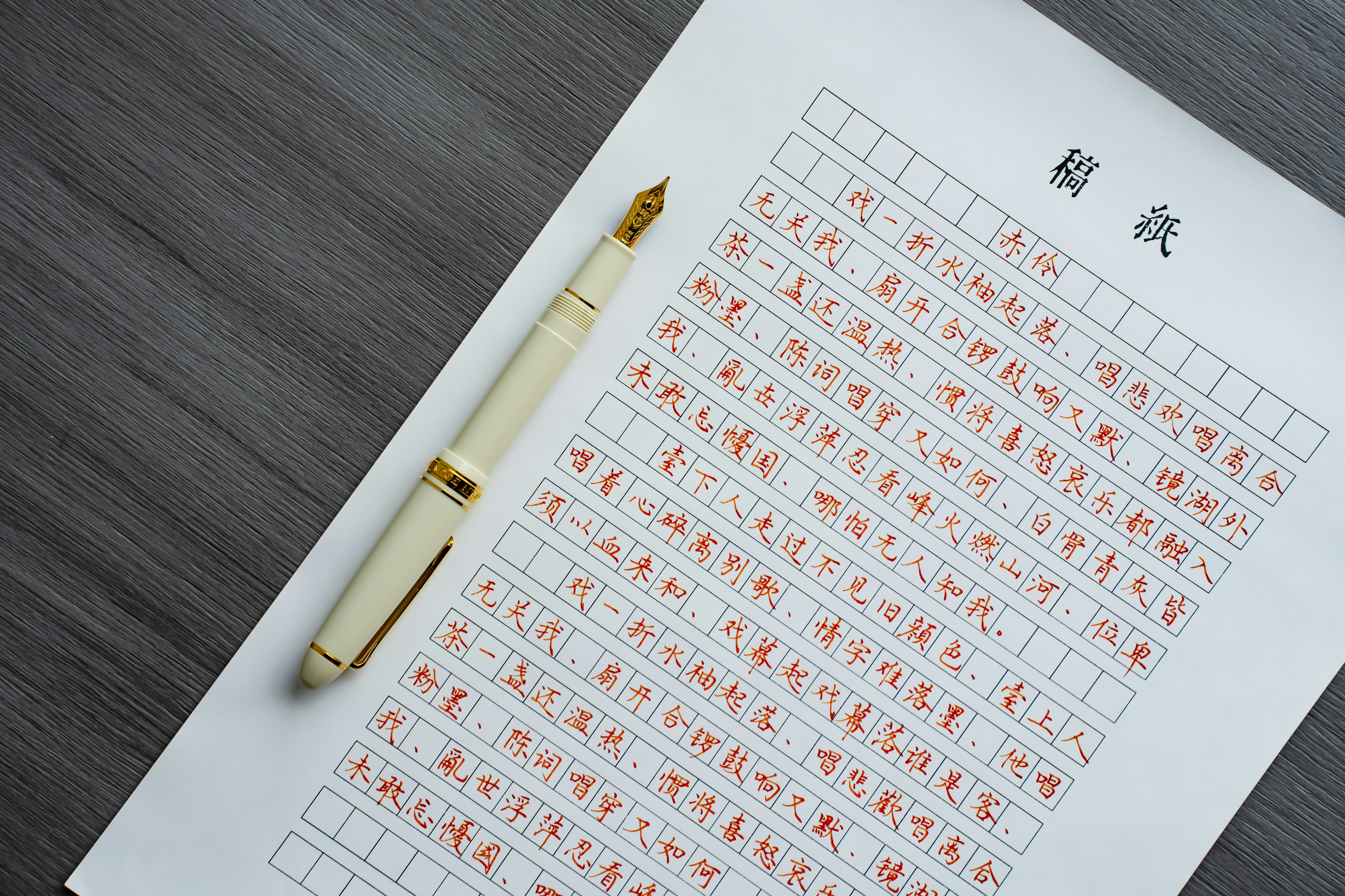 Ink and Paper: A Pearl-Handled Pen Resting Beside a Document