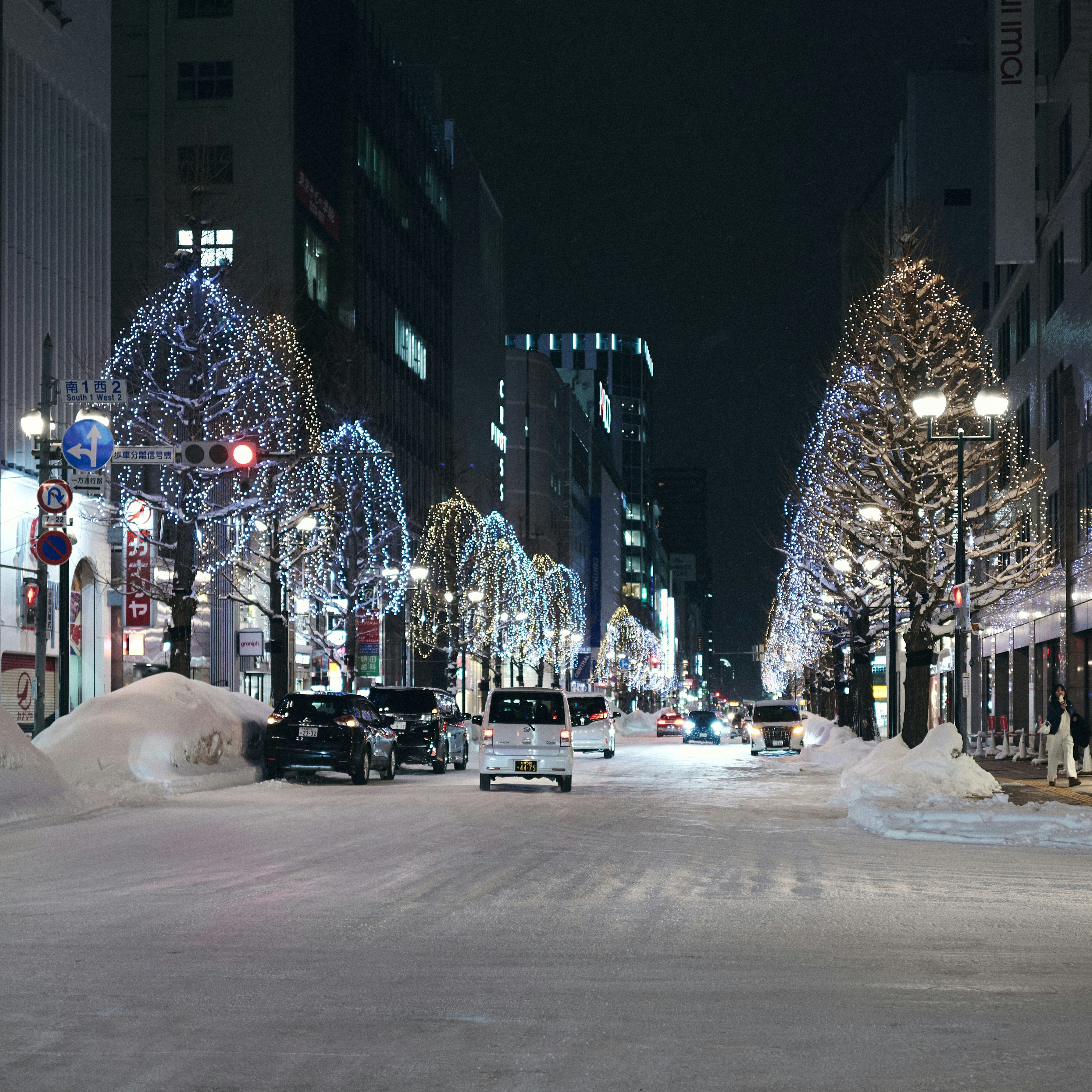 Snowy City Boulevard Illuminated by Winter Lights