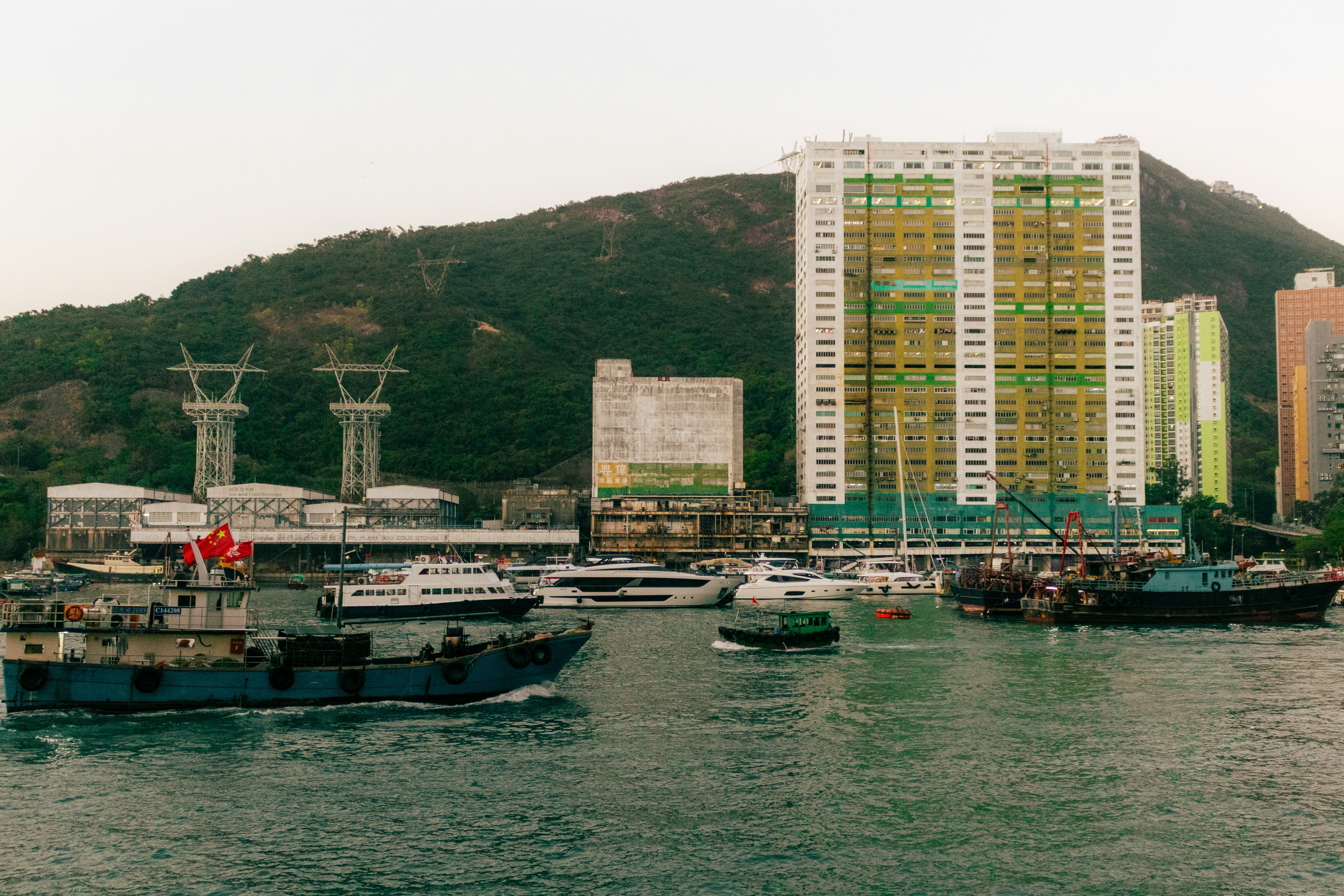 Harbor Front with Docks and Modern High-Rolded Buildings