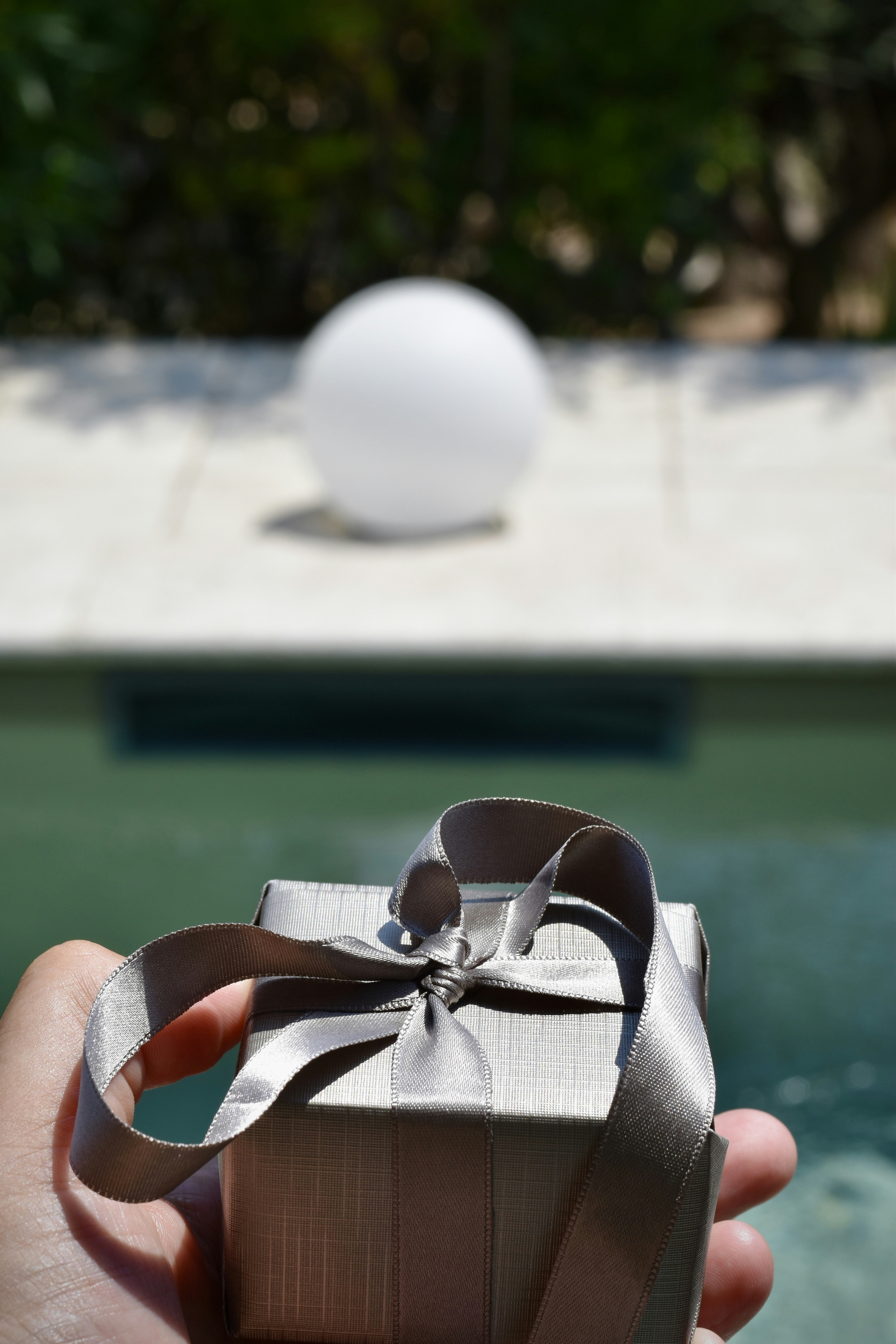 A hand holding a small grey gift box with a ribbon by a pool.