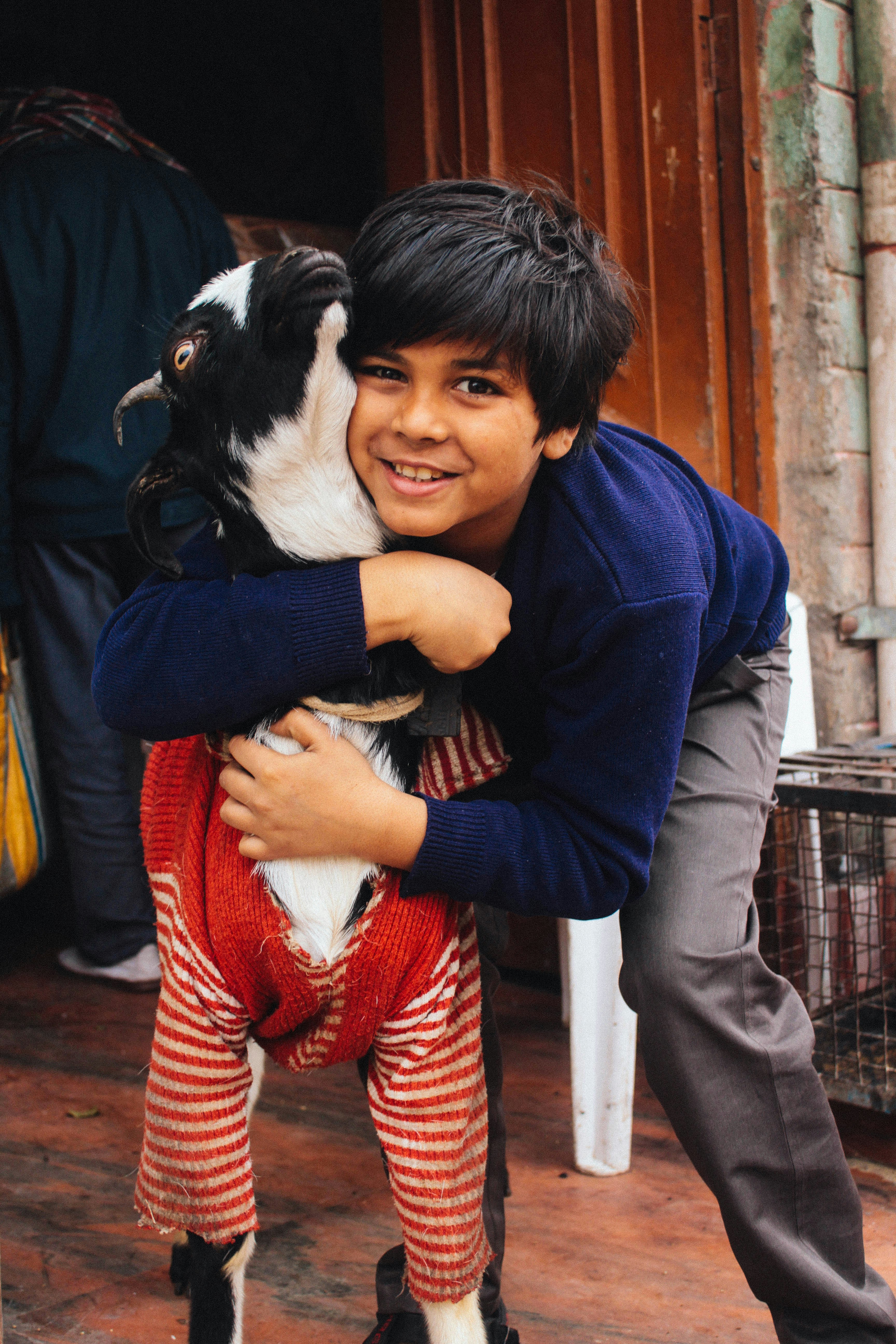 Warm Embrace: A Child and Goat Share a Gentle Moment at the Doorway
