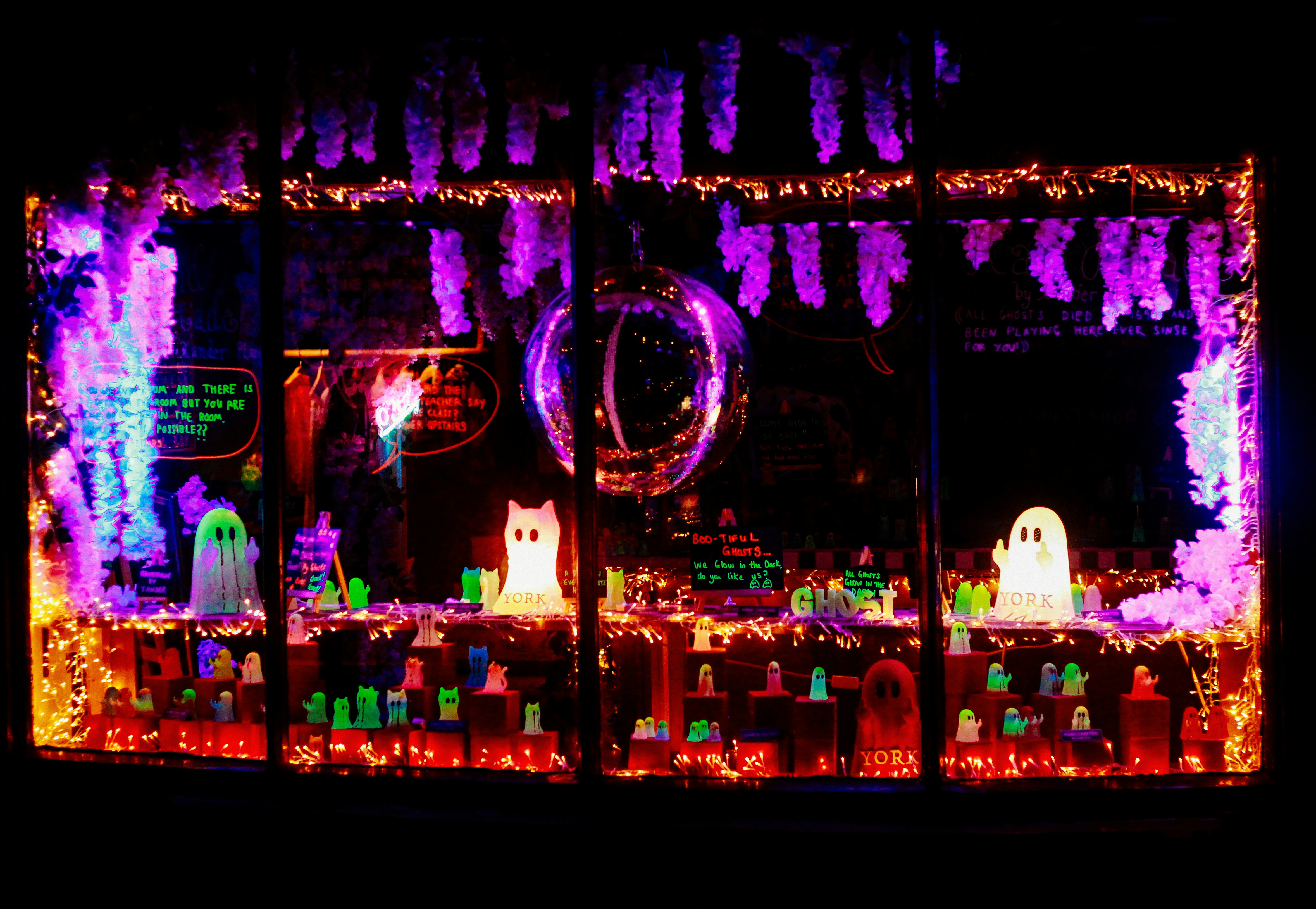Neon Window of Whimsy: A Night-Time Shelf of Glass Figures