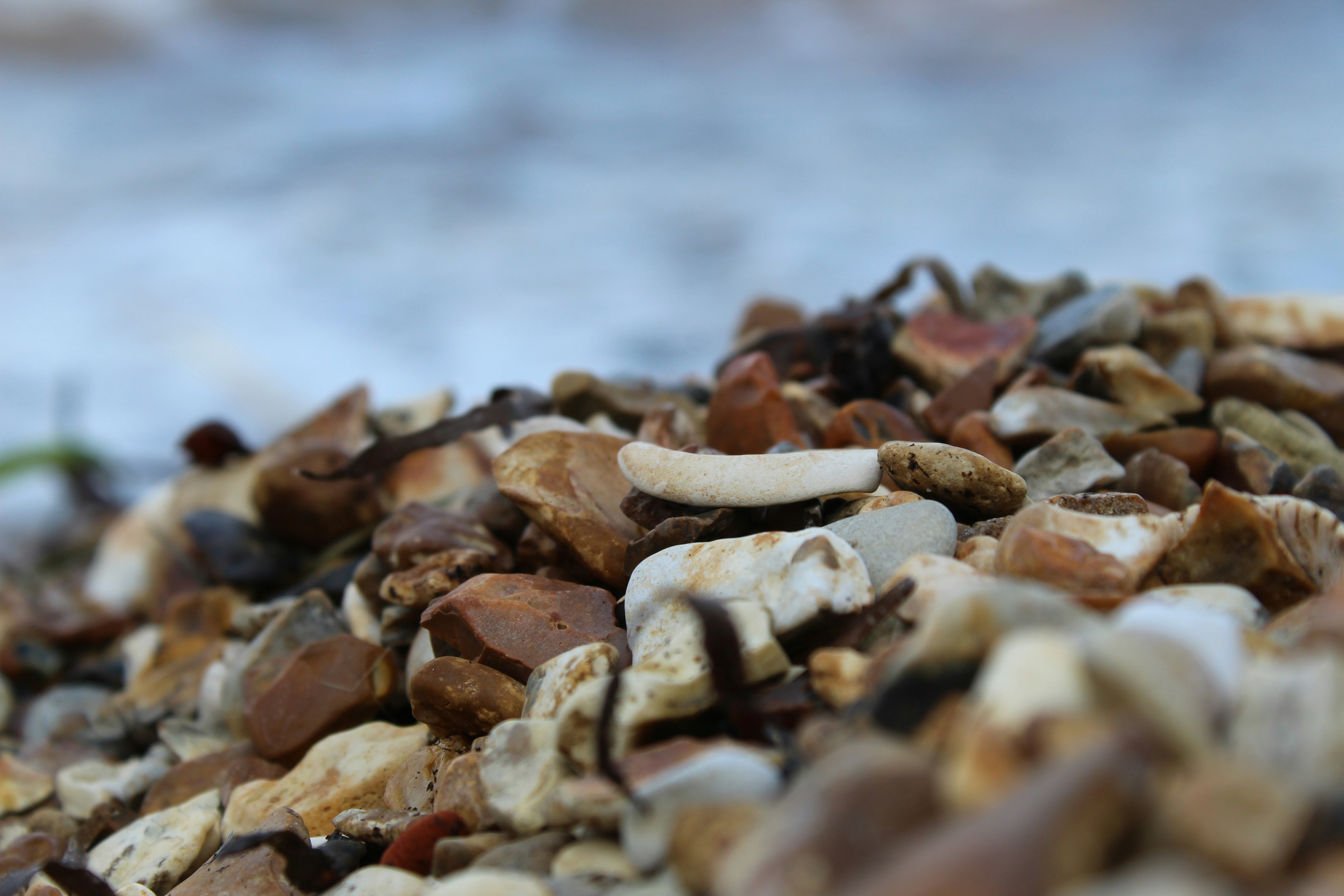 Pebble shoreline close-up with blurred sea in the background