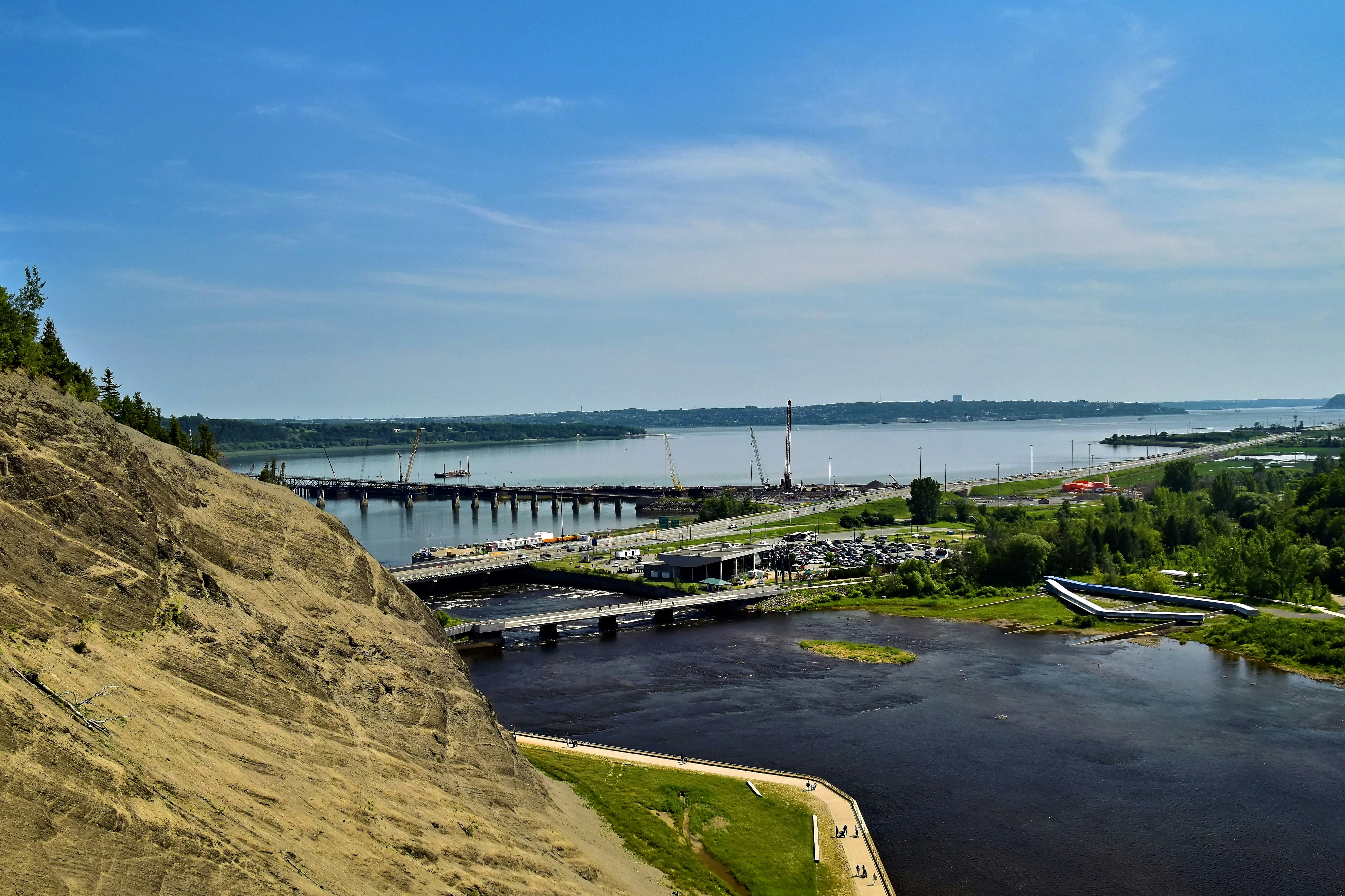 Aerial View Over Riverside Cliffs and Dock Corridors