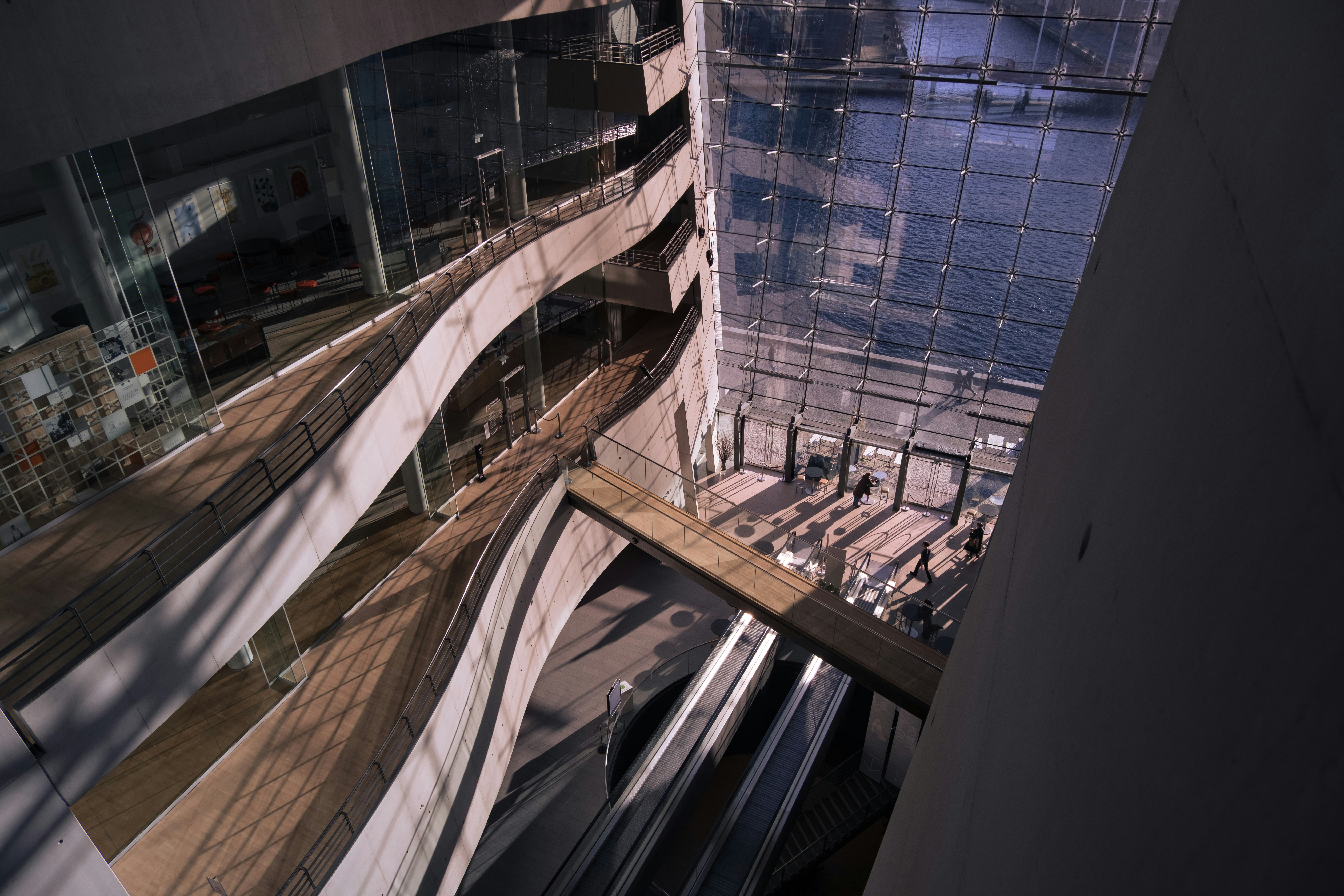 Atrium Overlook: Sunlit Curves and Glass Shadows