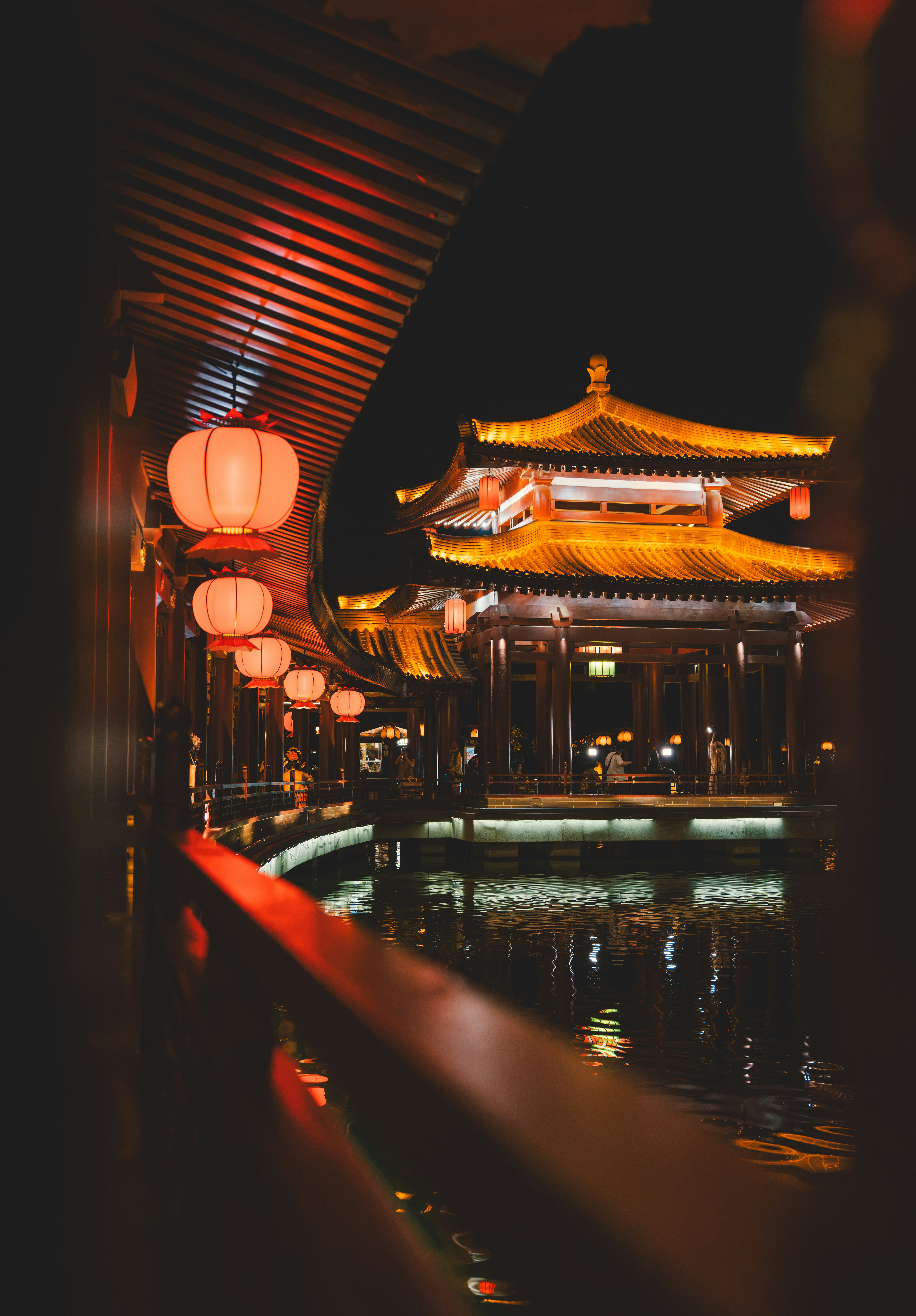  Lantern-lined Nightscape: A Temple by the Water Under Warm Glow