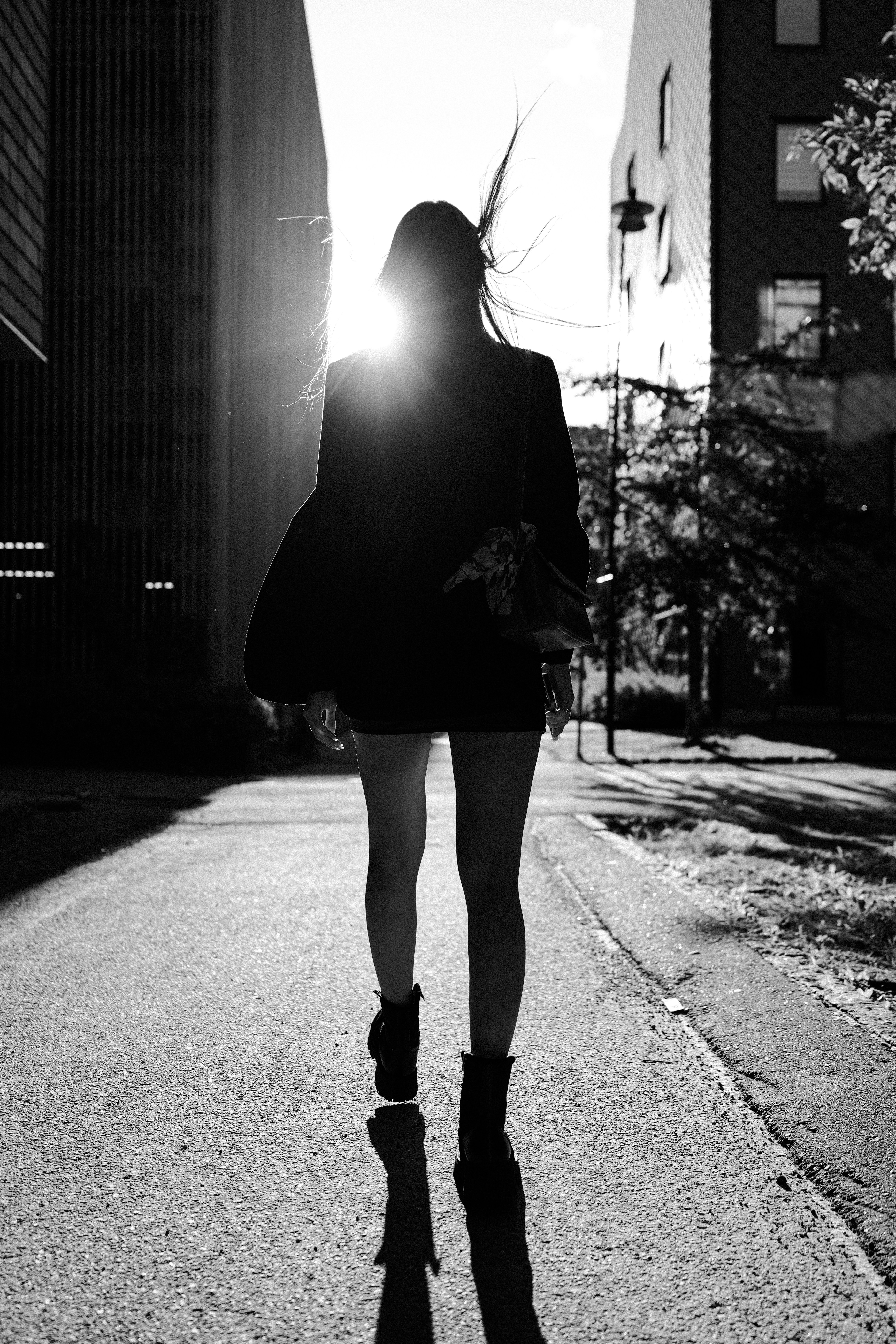 Backlit silhouette: city street strides toward the sun