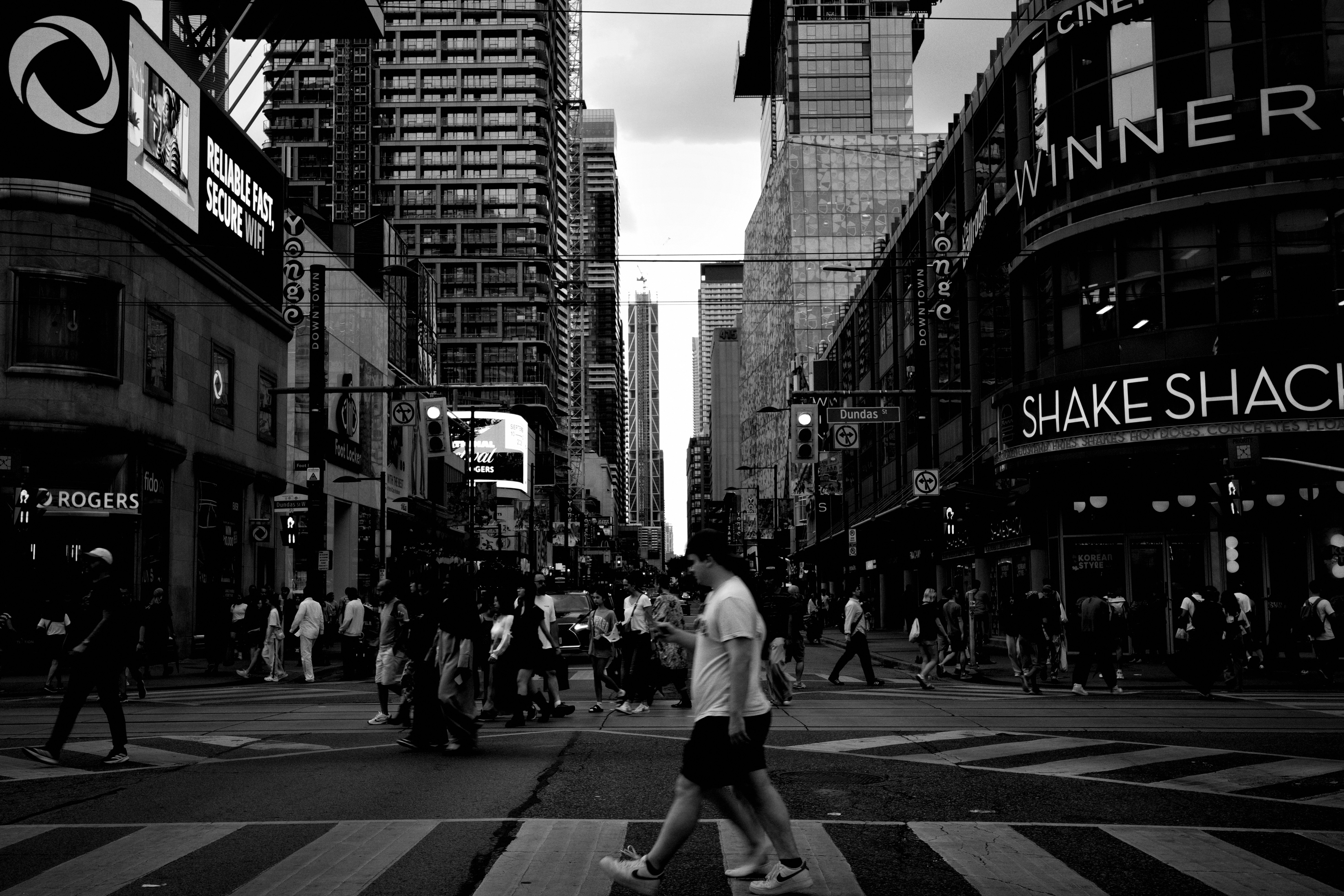 Crosswalk Confluence in monochrome Cityscape