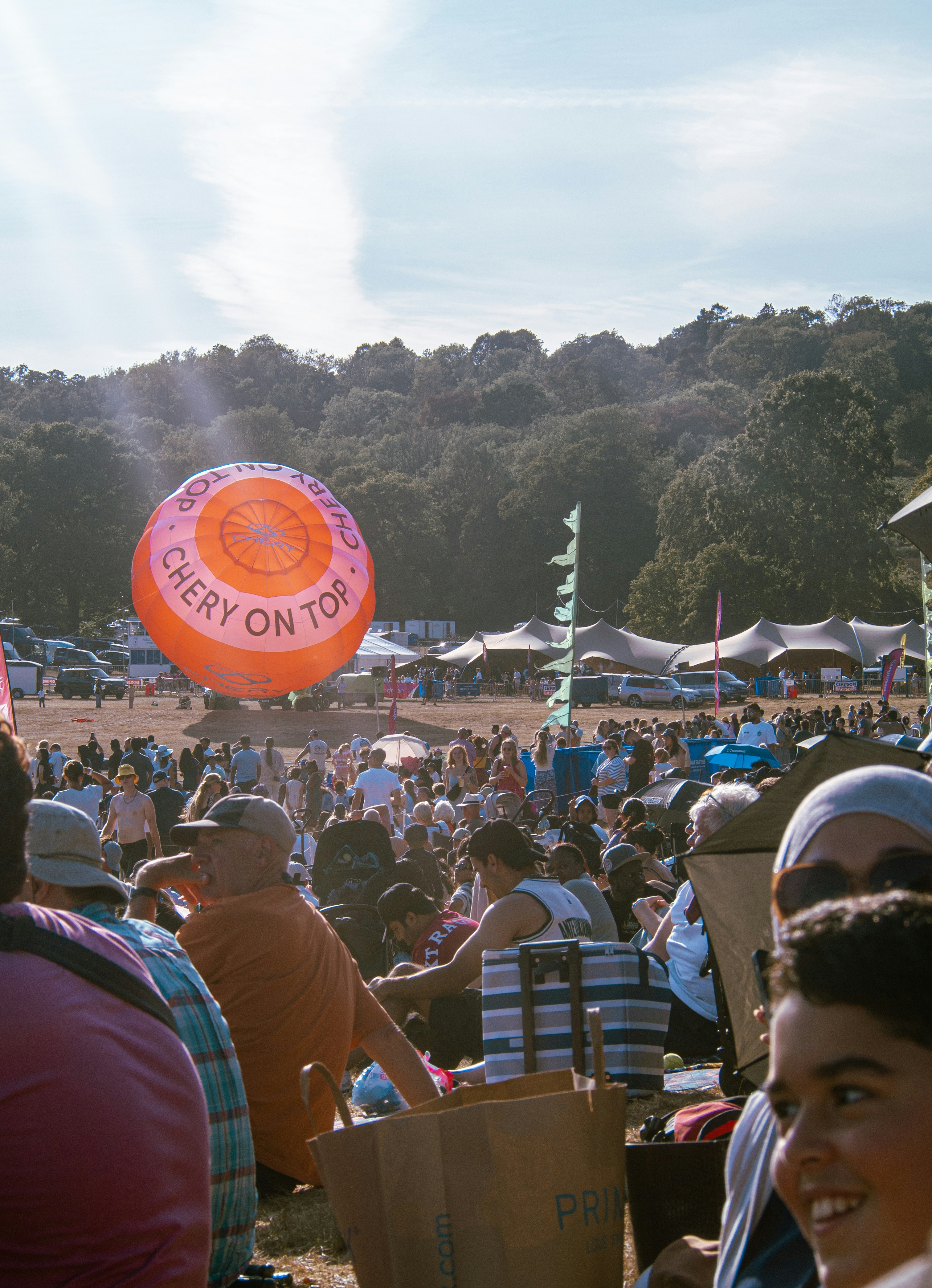 Vibrant festival scene with a large orange ball drifting over a crowded lawn, tents and trees in the background, and people relaxing on blankets and chairs.