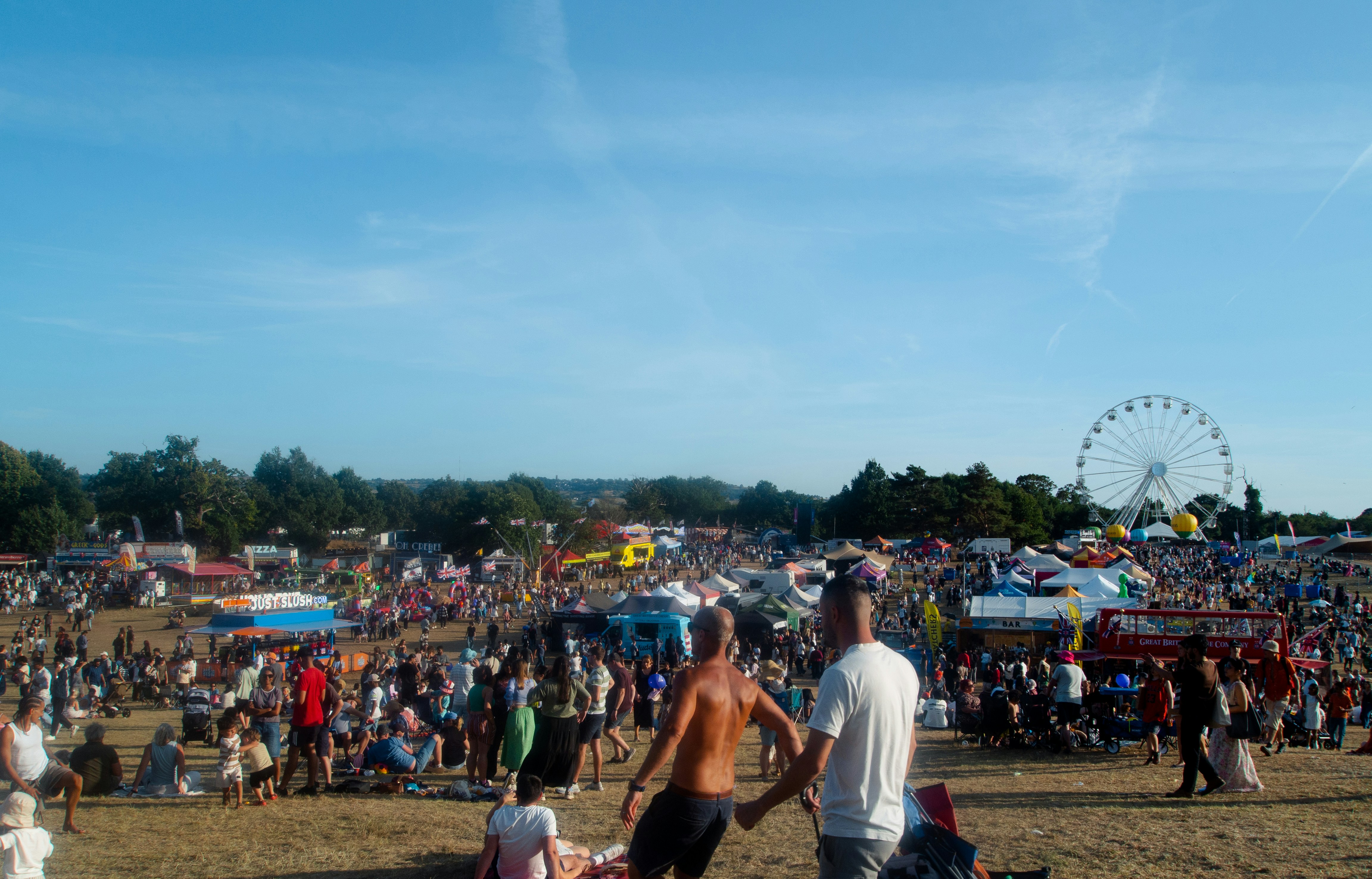Crowd at a sunlit festival with a distant Ferris wheel