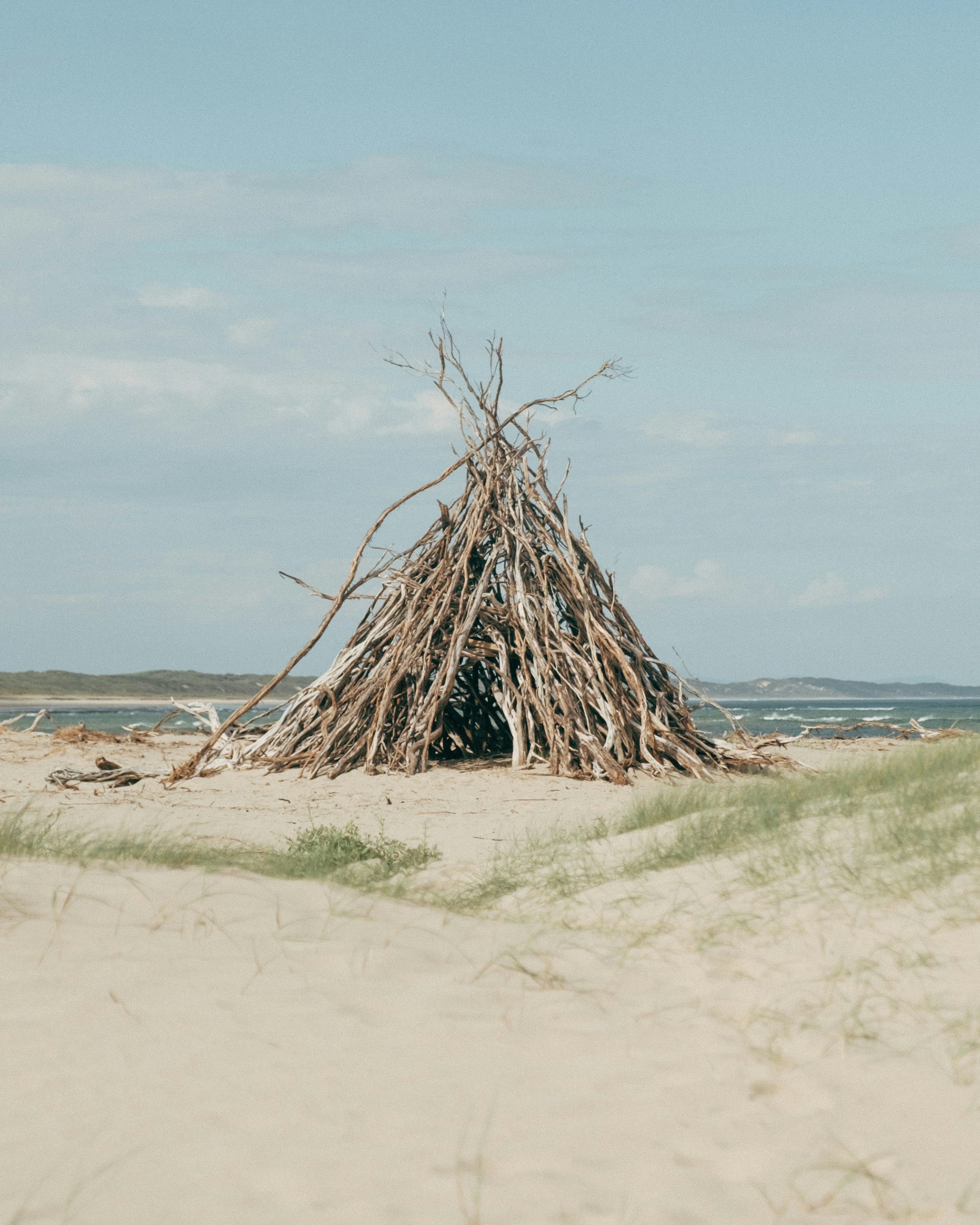 Driftwood Tepee on a Quiet Coastal Dune