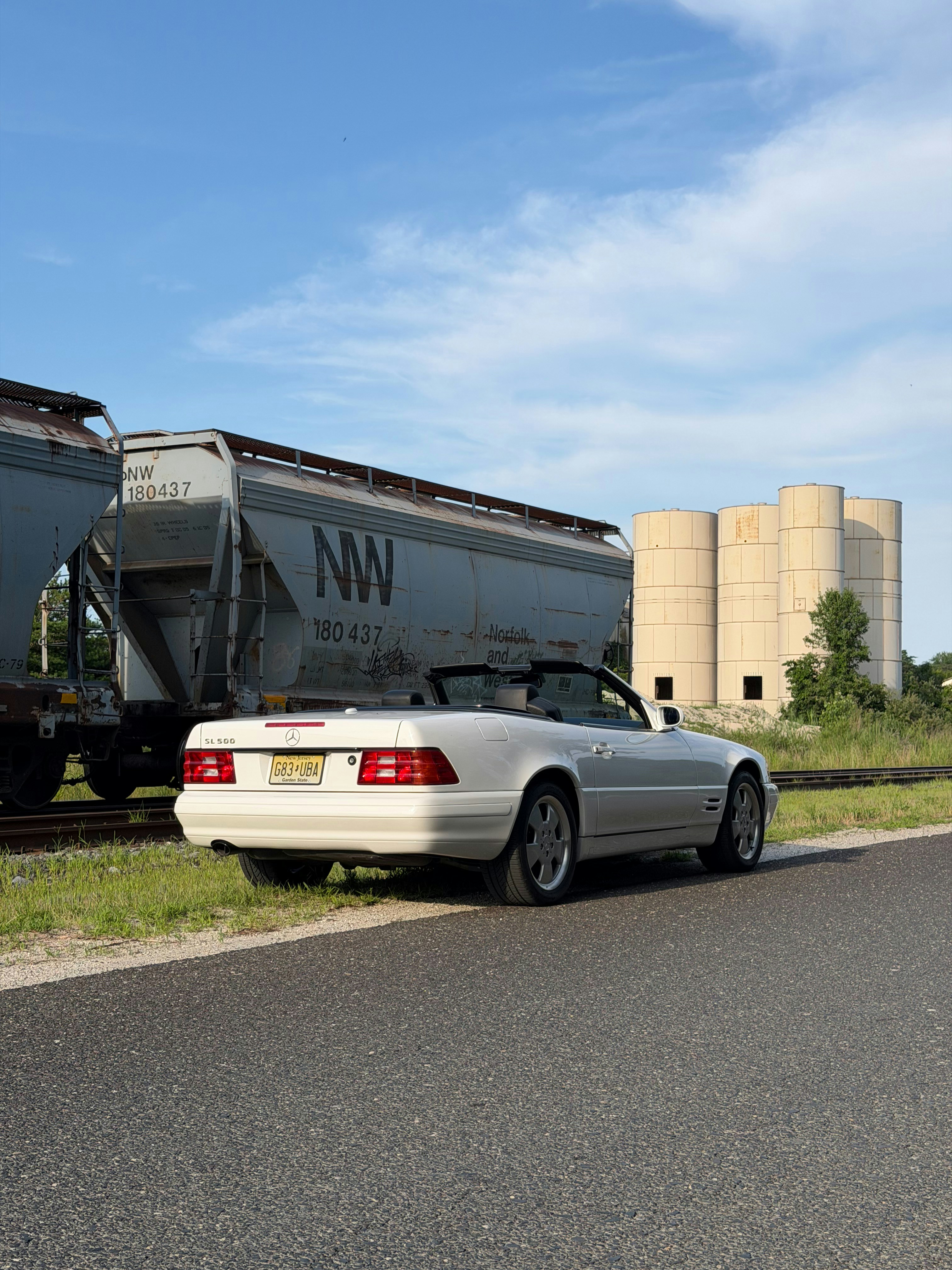 Convertible Meets Rails: A Silver Classic by the Tracks