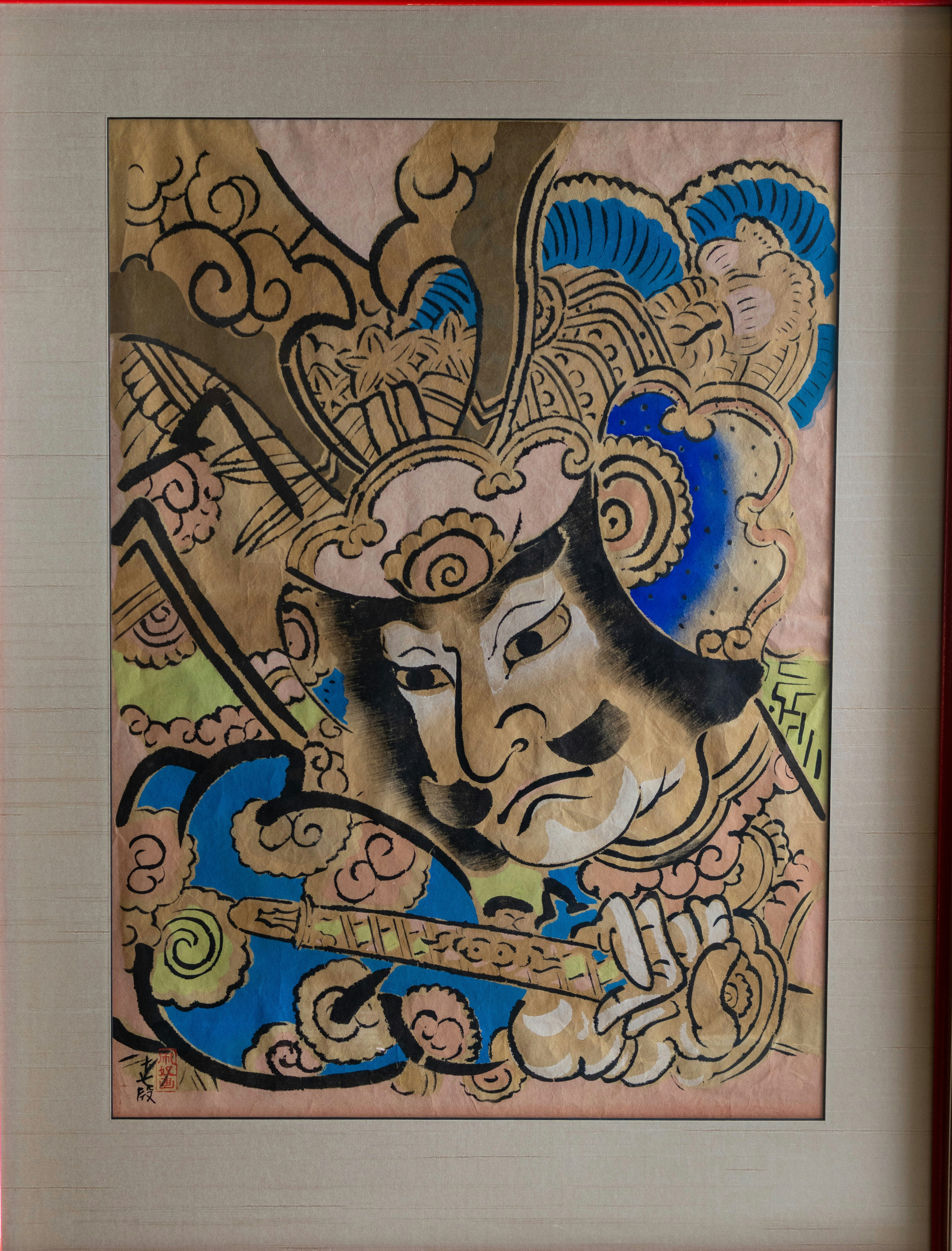 Carved Laugh and Looming Brushstrokes: A Stylized Masked Musician