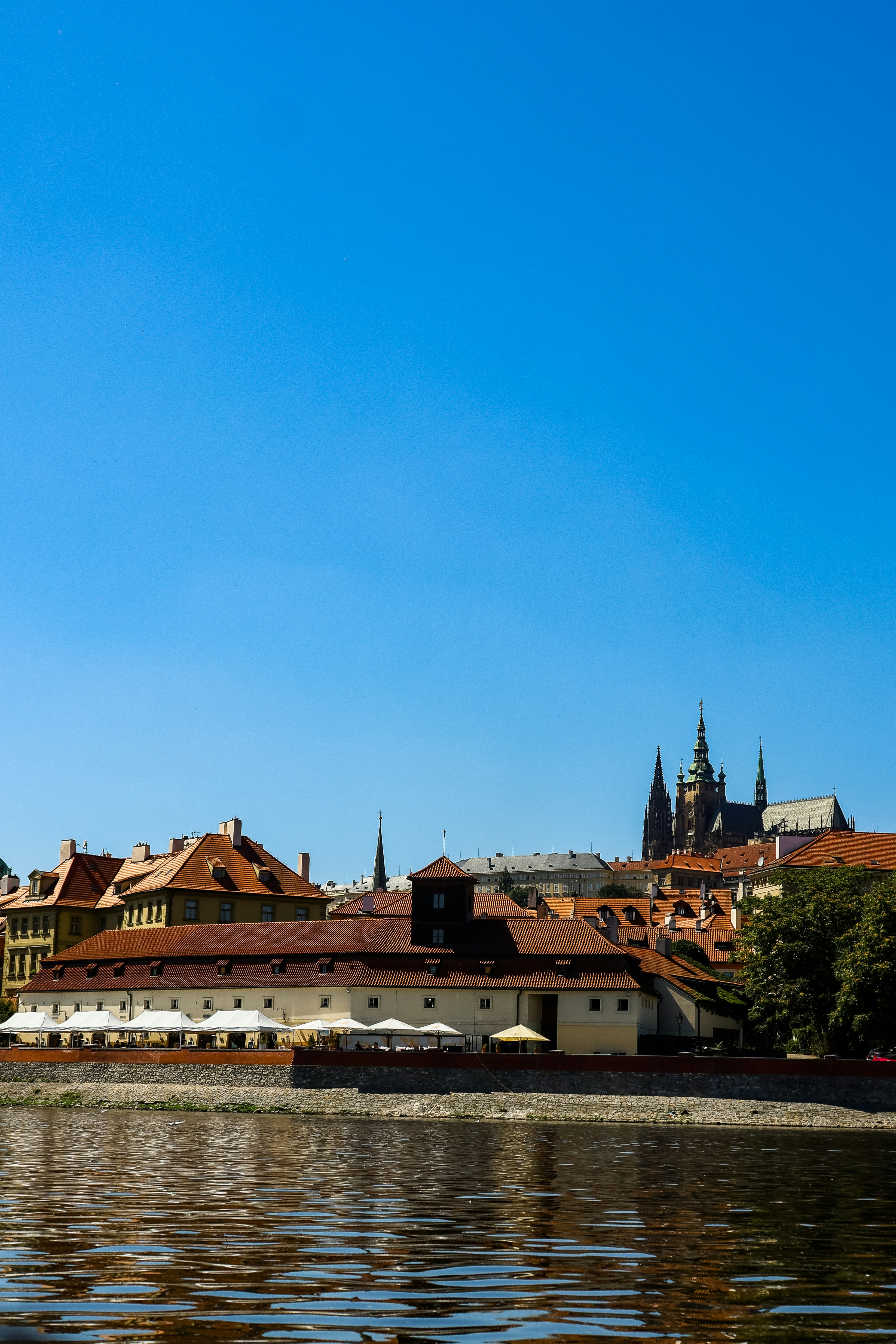 Riverside Old Town: Rooftops and Spires Against a Blue Sky