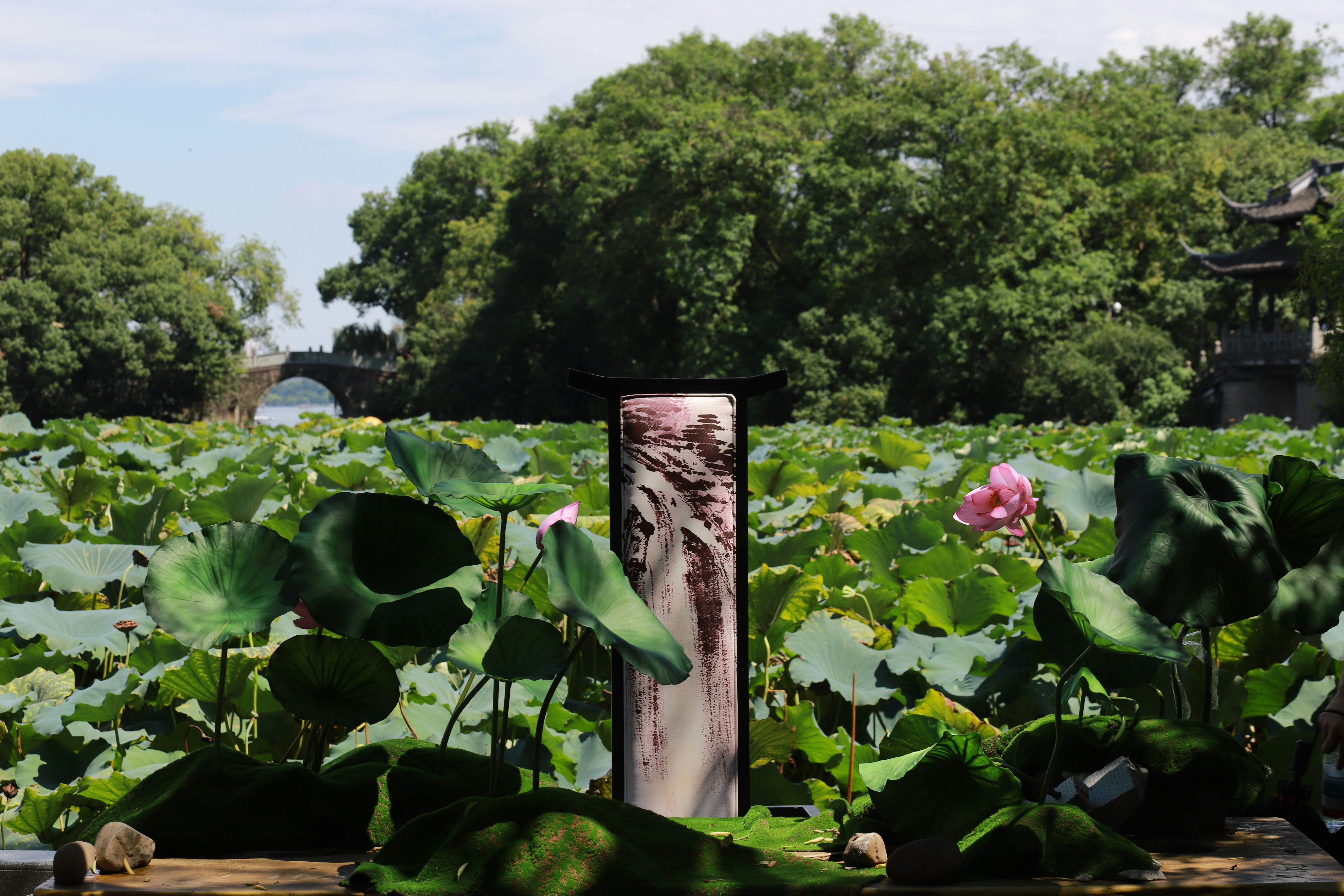 Lotus Garden Beacon: A Weathered Obelisk Rising among Green Orb leaves