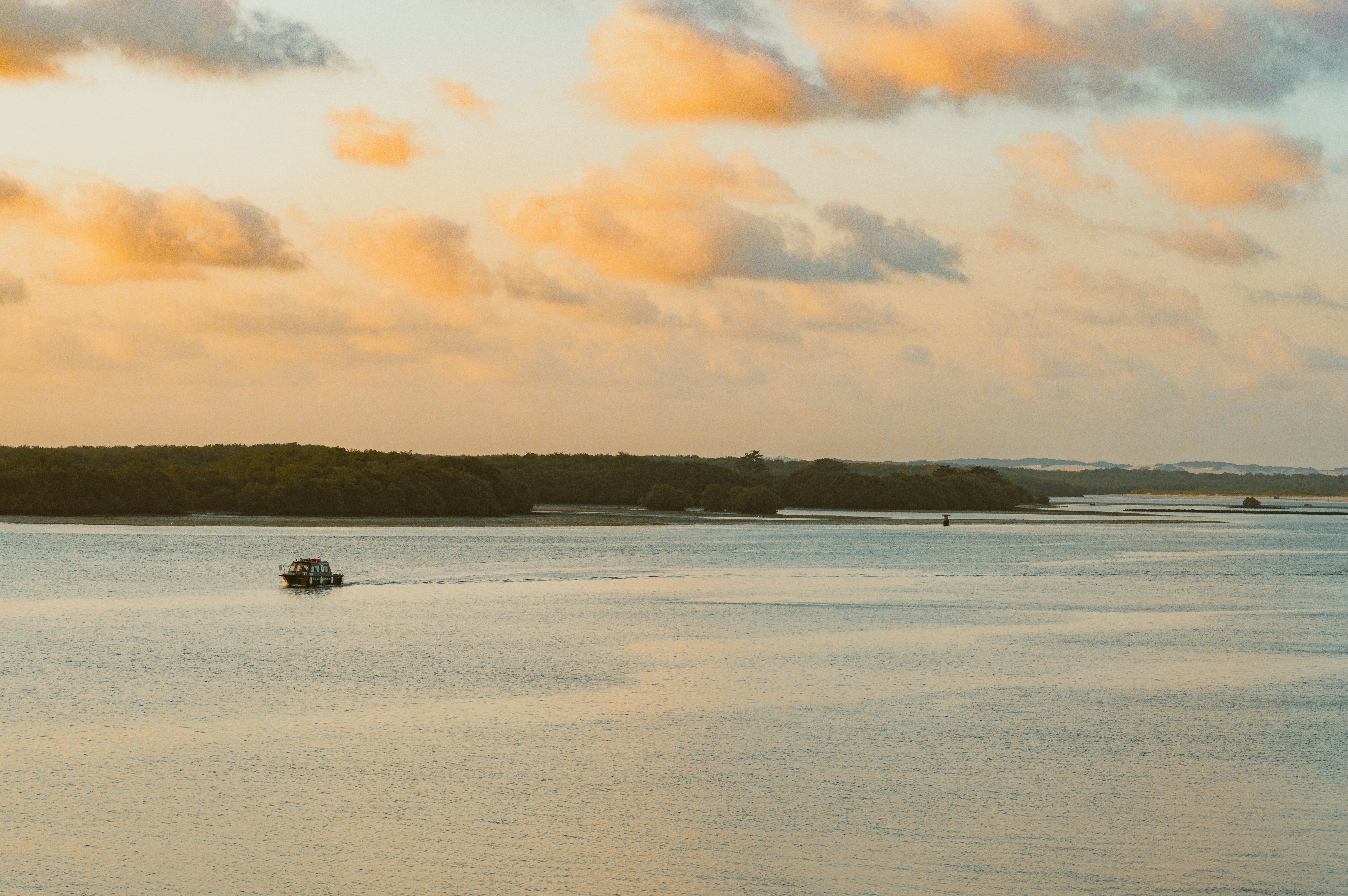 Golden Horizon Over Calm Waters with a Distant Boat