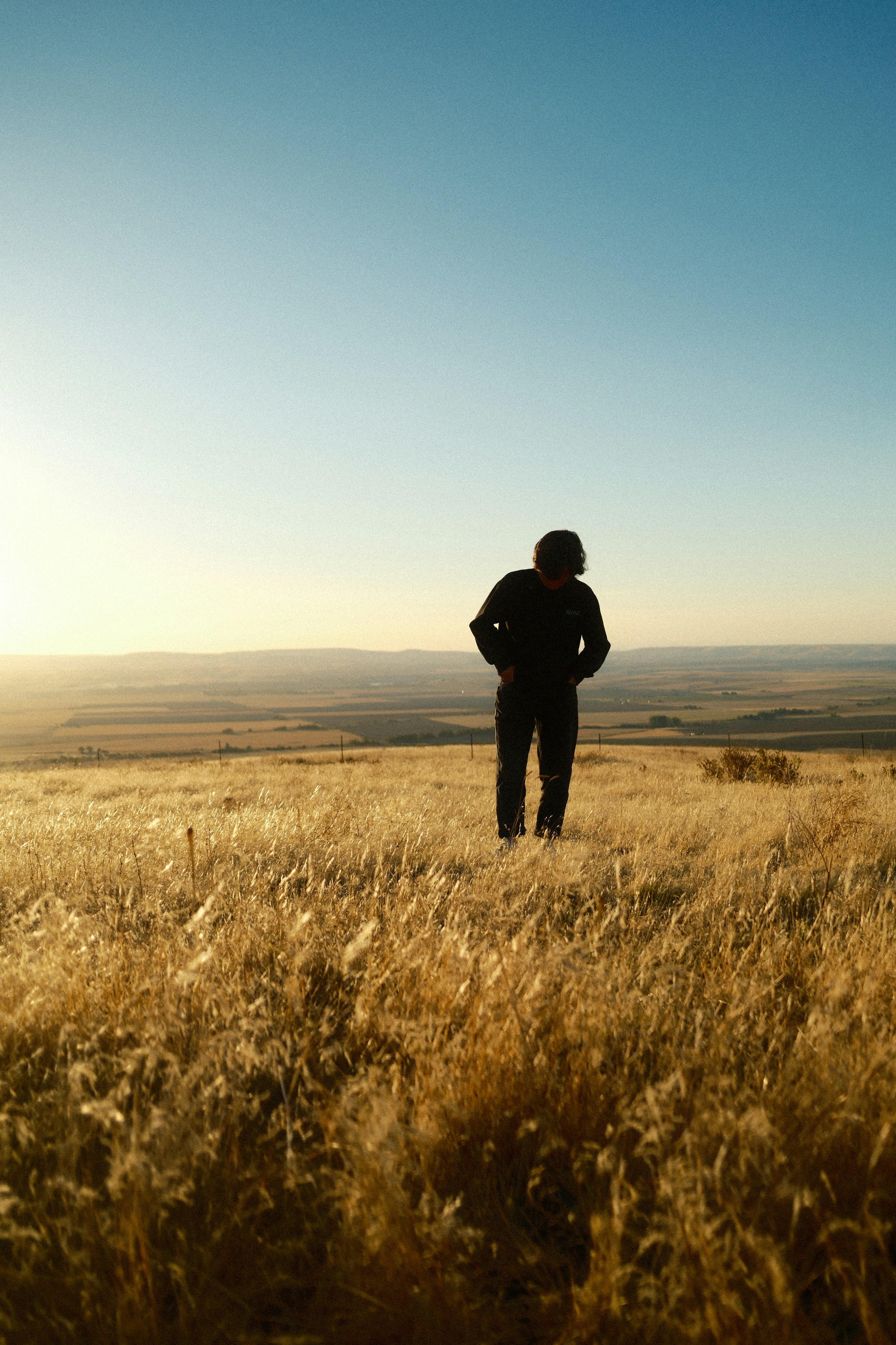 A solitary figure stands in a sunlit field of tall grasses as the horizon stretches into the distance, emphasizing vast, warm-toned landscape. (Photograph) A person silhouetted against a clear sky.