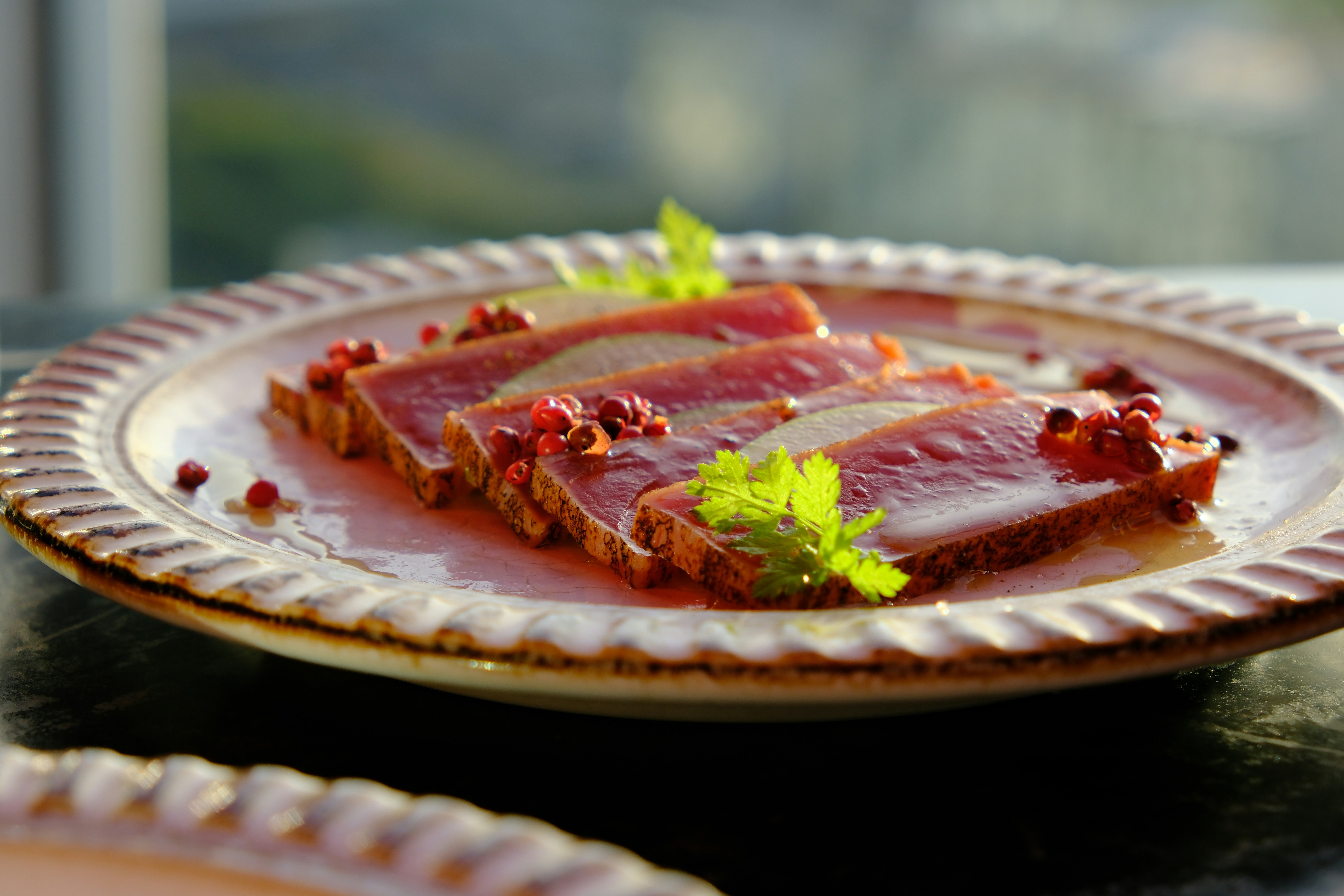 Bleu-Tinted Seared Tuna on a Rustic Plate