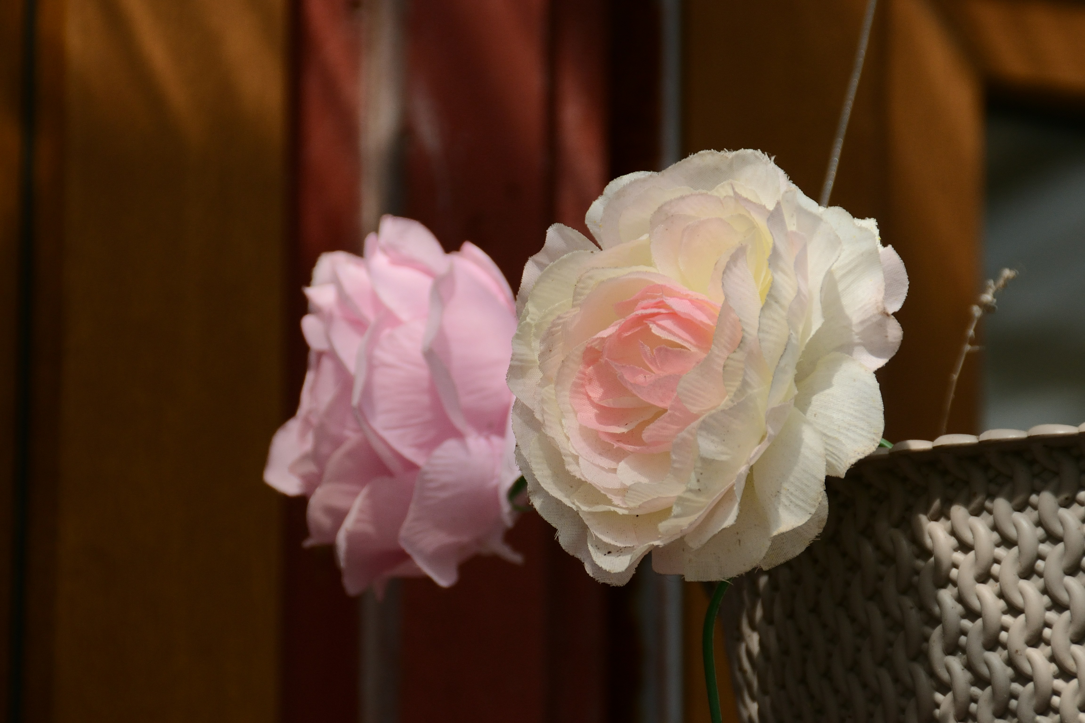 Soft Peony Counterpoint: Pink and White Blooms by Woven Basket