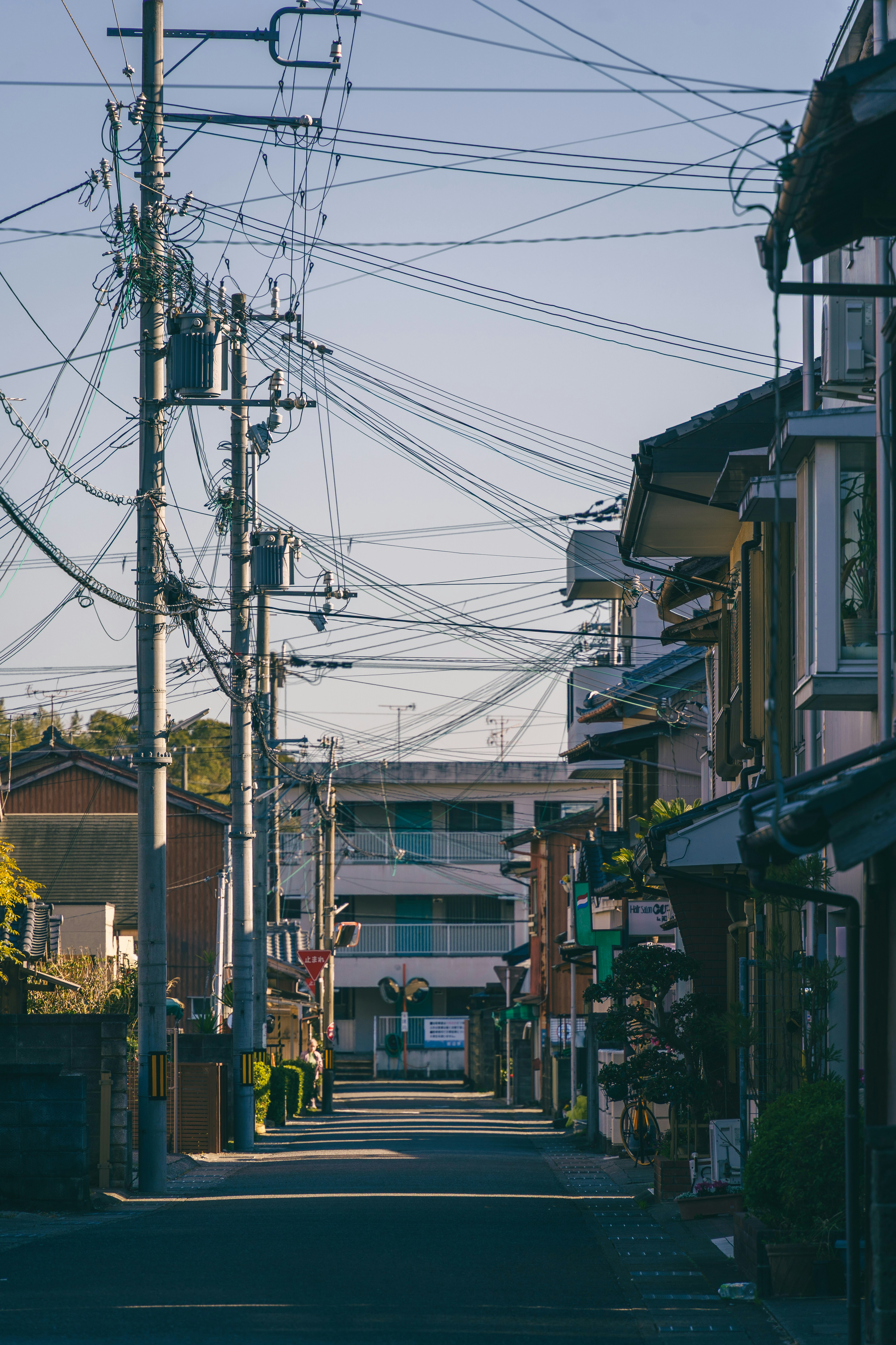Overhead Webs: A Quiet Street Framed by Cables