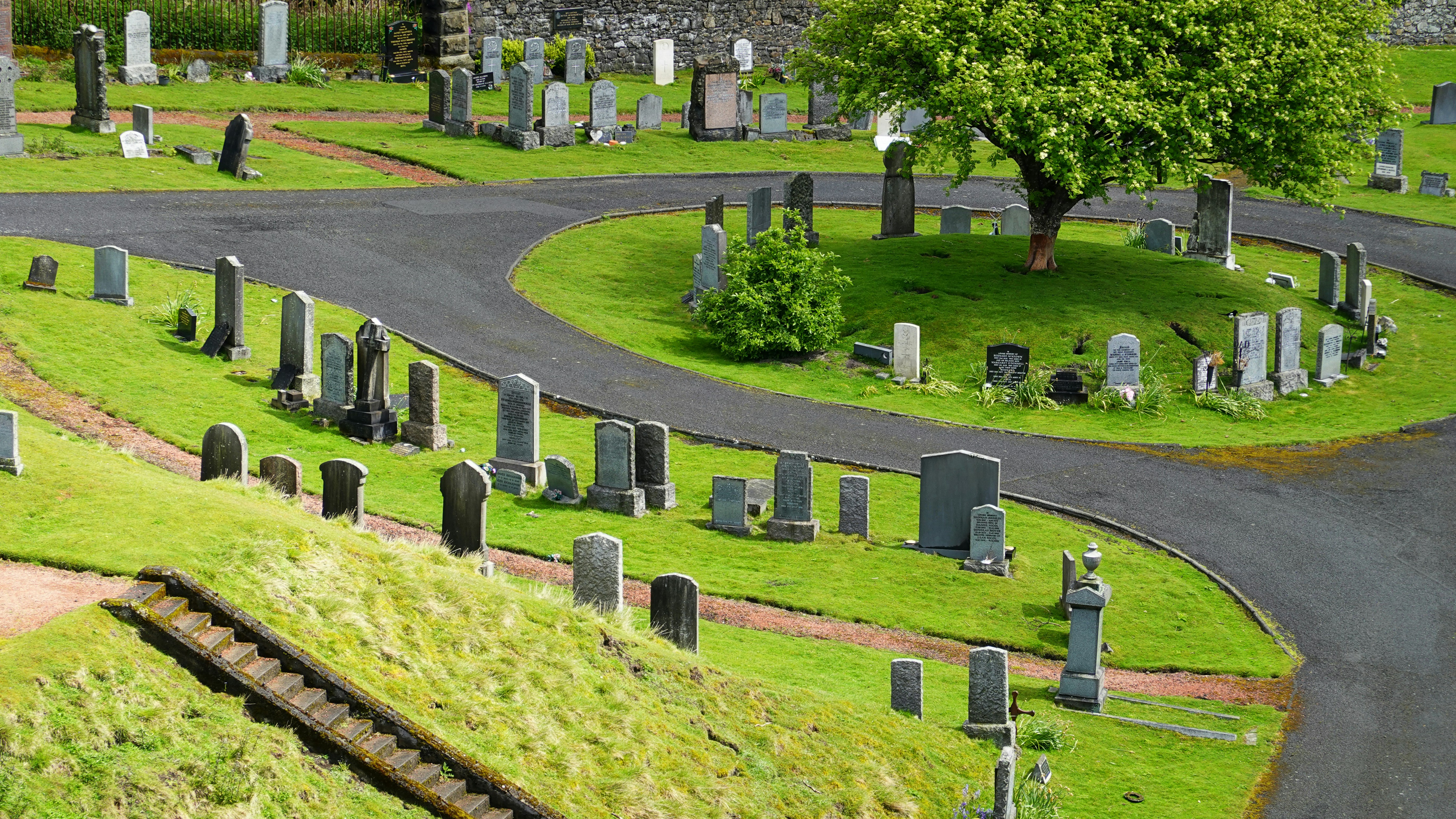Winding Road Through a Quiet Cemetery Garden