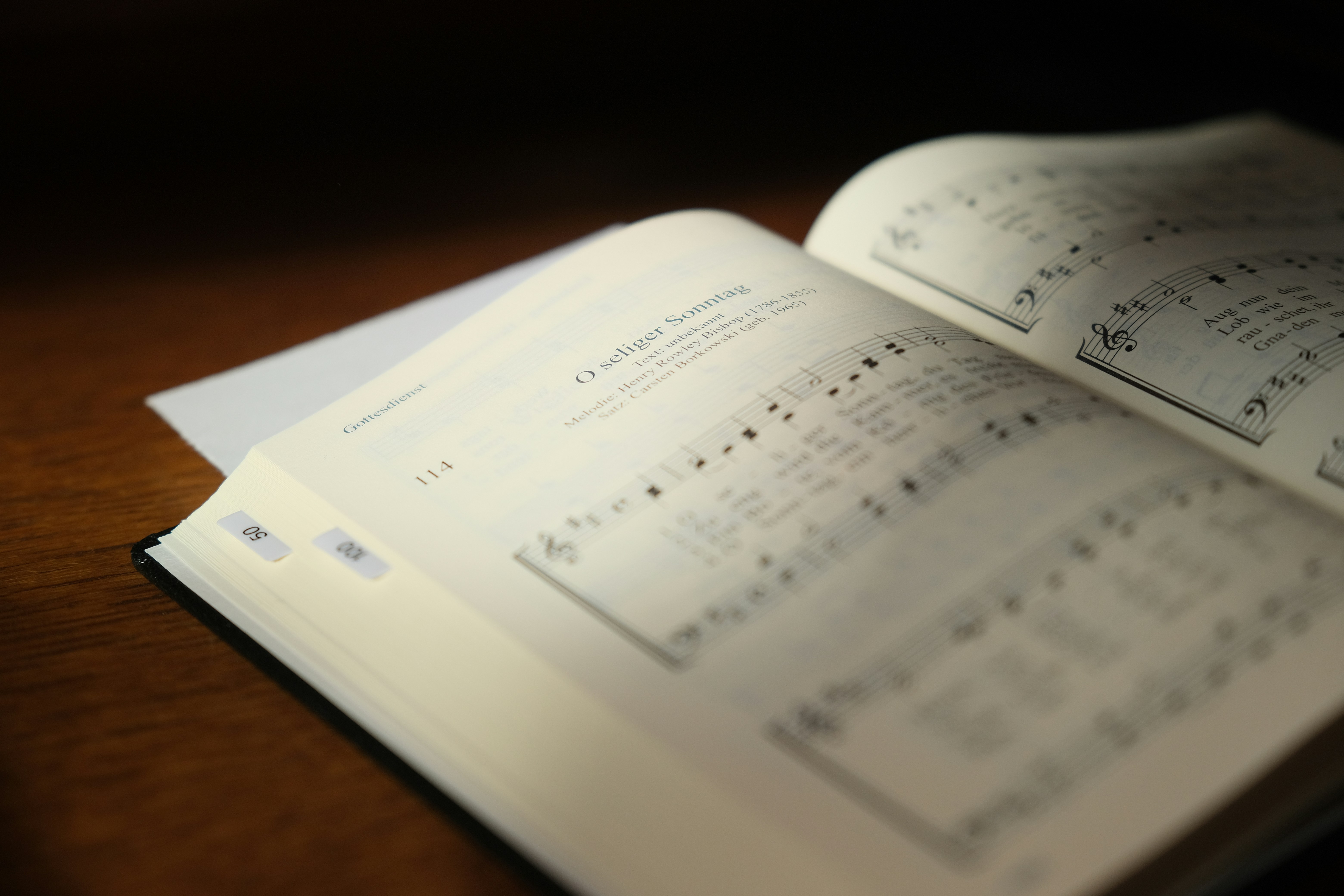 Open book pages angled on a wooden surface with soft lighting highlighting the text and musical notation in a calm study scene.