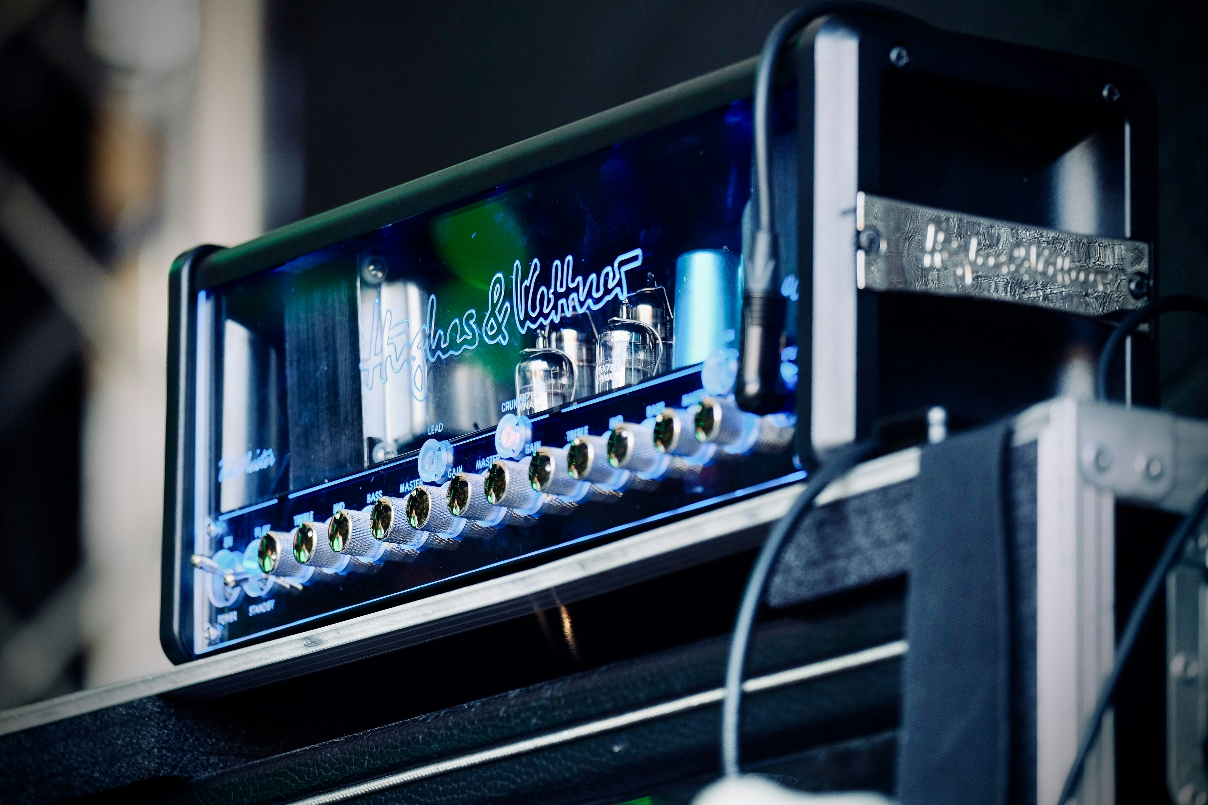 Liquid glow: a glowing blues amp with chrome valves on display