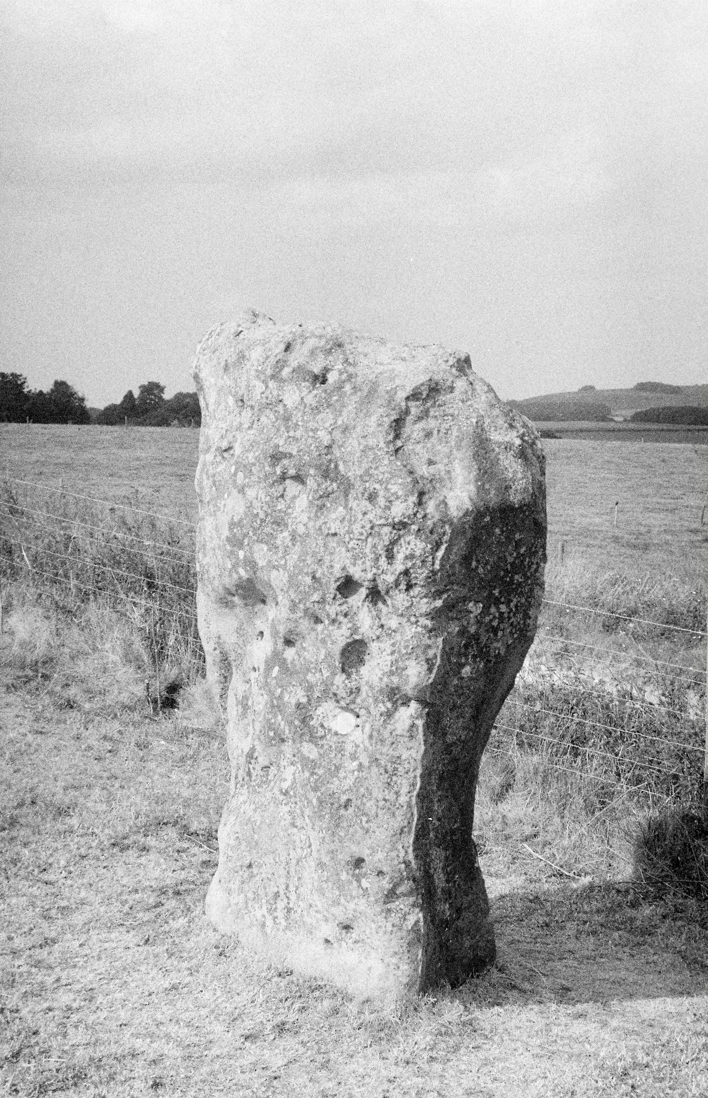 A solitary carved stone stands upright in a rural field with a barbed-wire fence and distant hedgerows; the scene is grayscale, emphasizing texture and weathering. The image appears as a landscape study of a single monolithic rock.