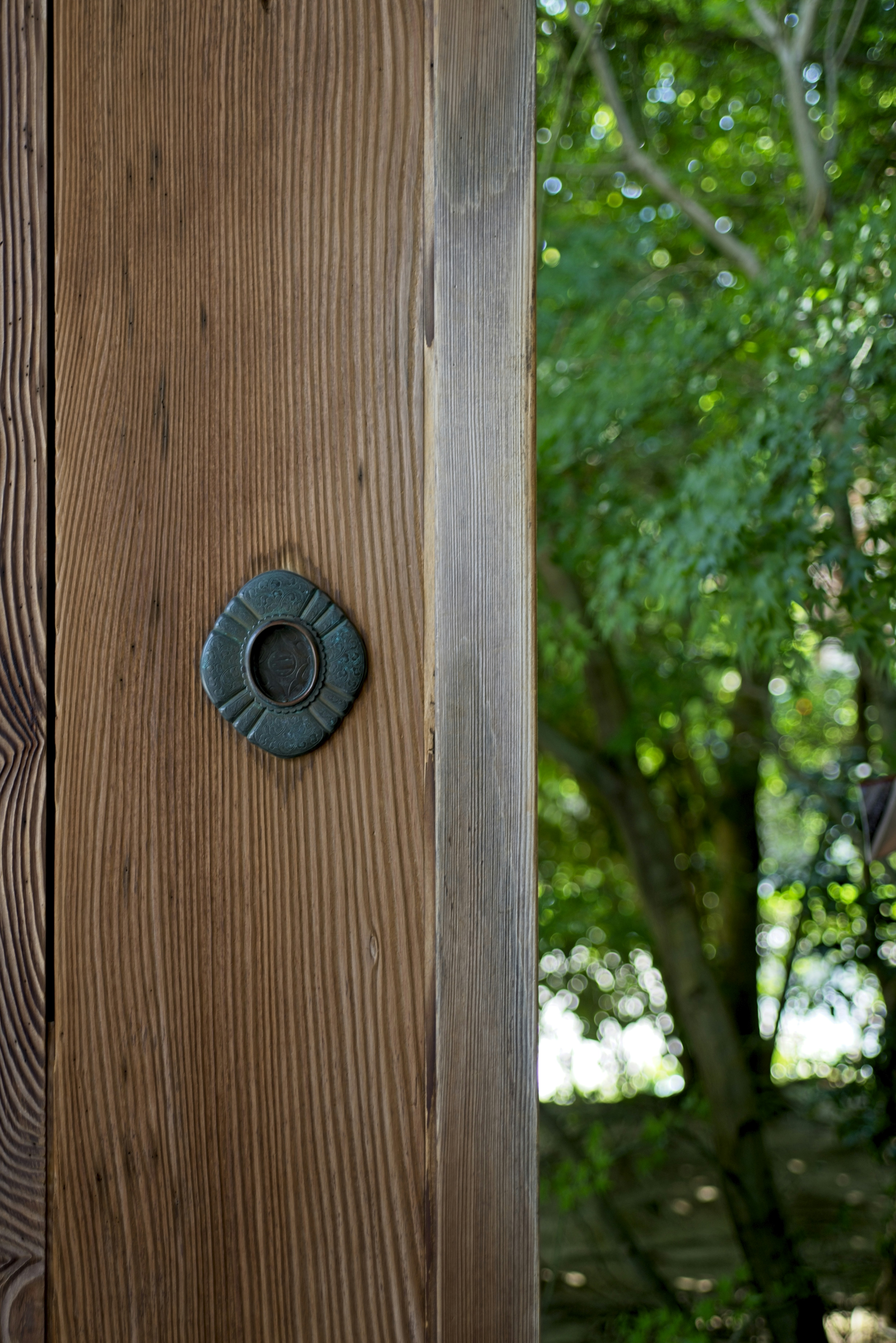 Weathered Wooden Beam with a Metal Knob in a Sunny Garden Corridor