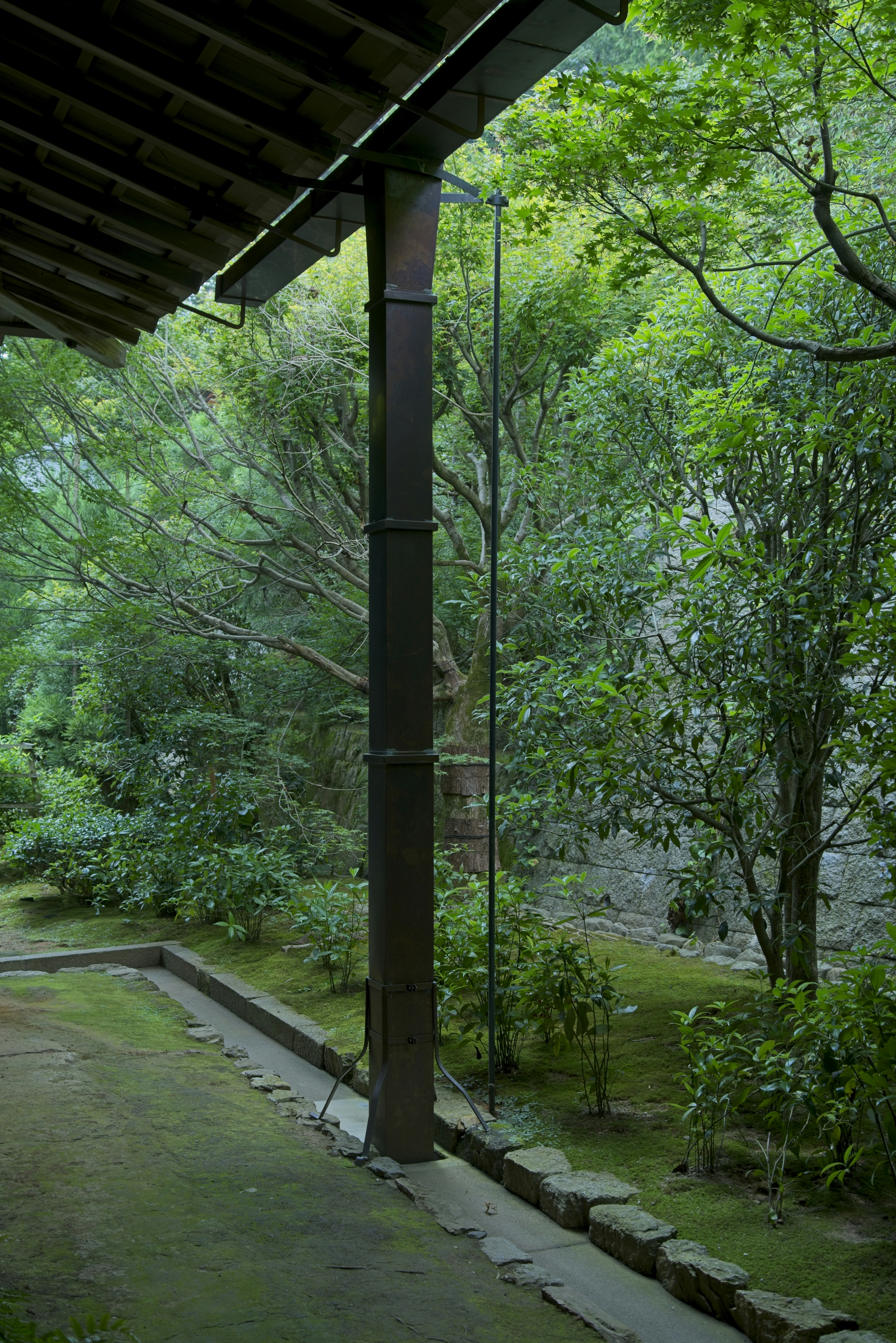 Industrial pillar and verdant garden corridor
