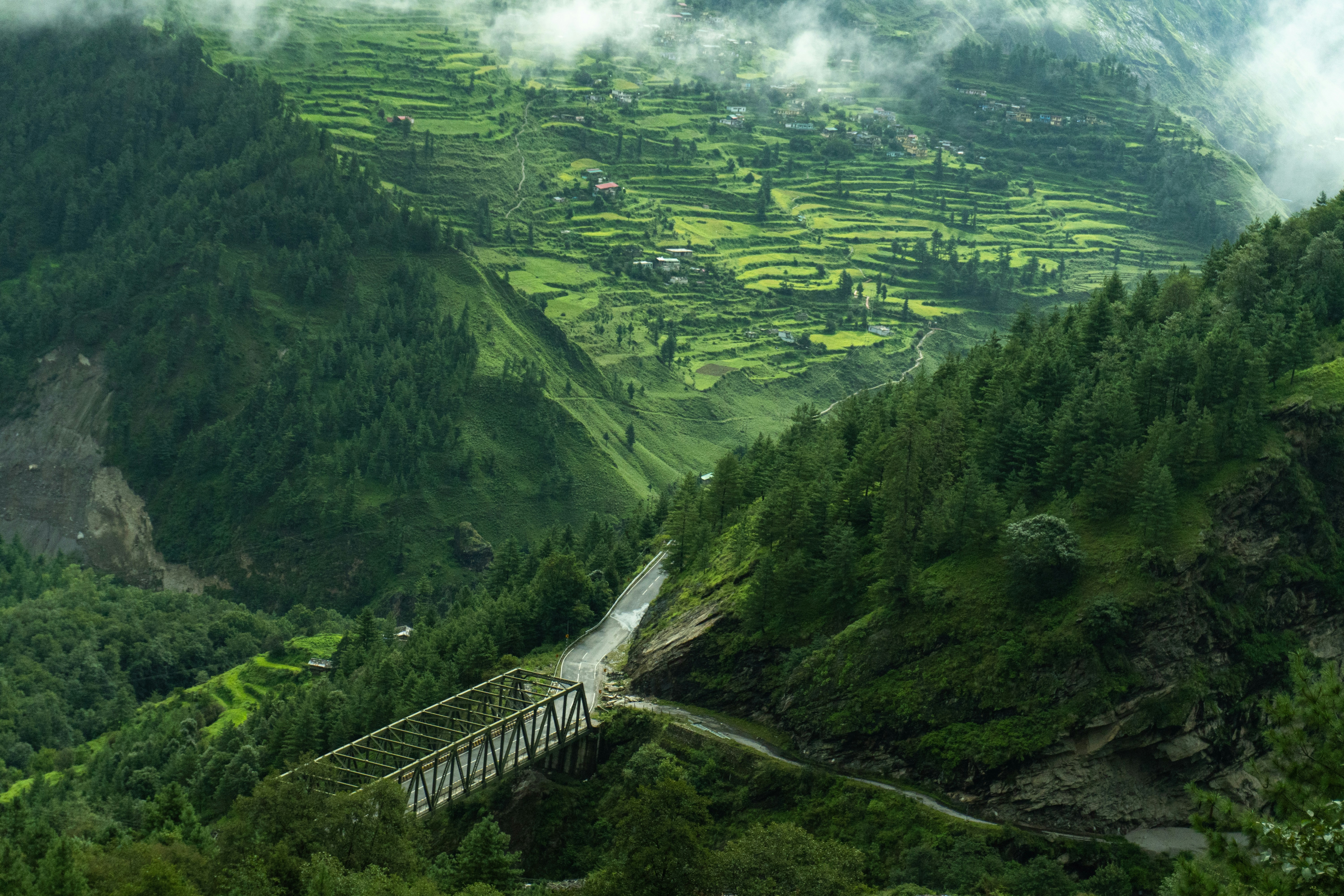 Terraced Valleys and a Railing Bridge Cut Through a Green Highlands Scene