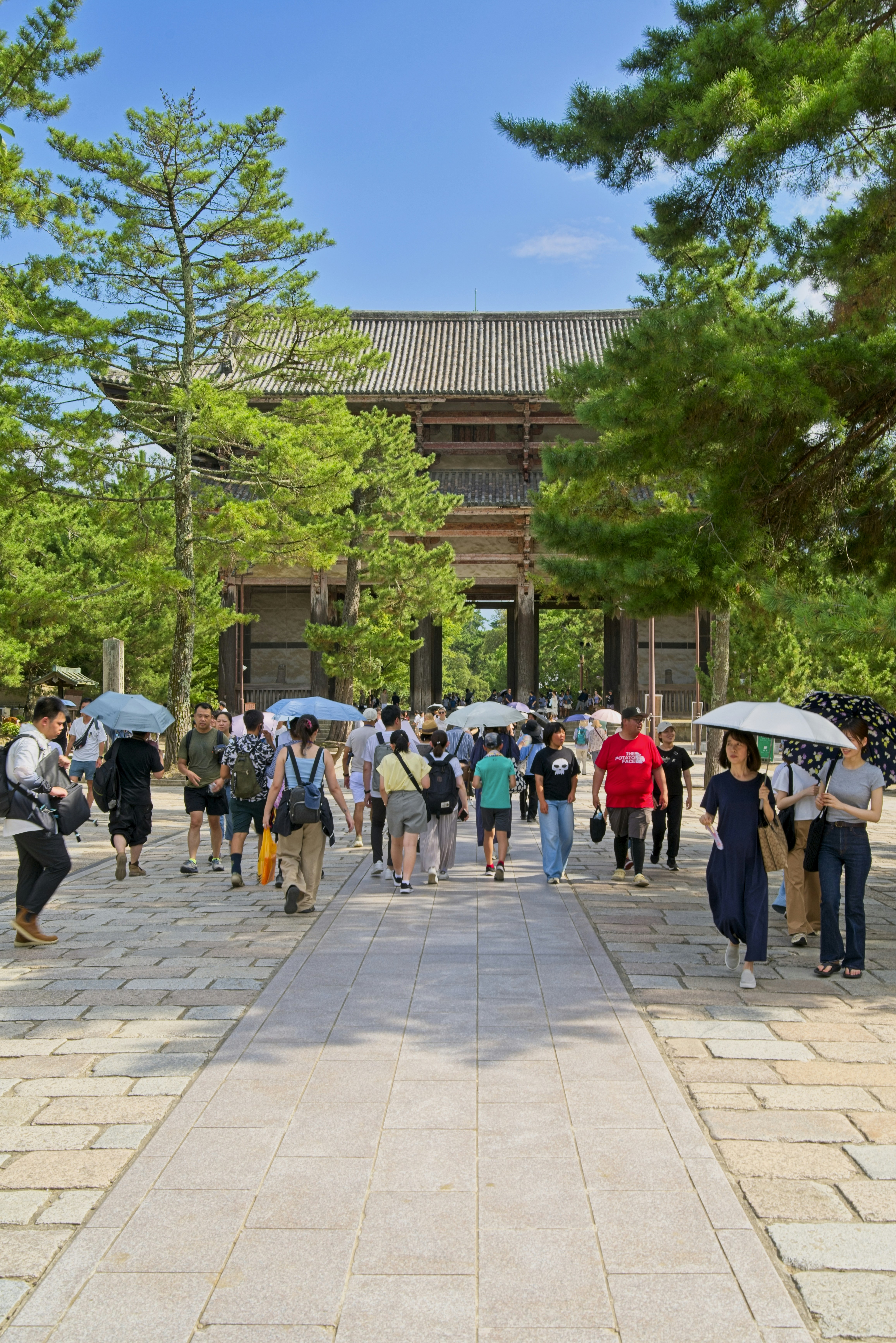 Crowds of tourists, many shielding themselves with parasols from the intense summer sun, stroll along the stone pathway toward the massive wooden Nandaimon Gate of Todai-ji Temple in Nara on a hot, humid July afternoon. Framed by tall pine trees under a clear blue sky, the towering gate's weathered timber and tiled roof showcase centuries-old craftsmanship, drawing visitors into one of Japan's most iconic historic temple complexes.