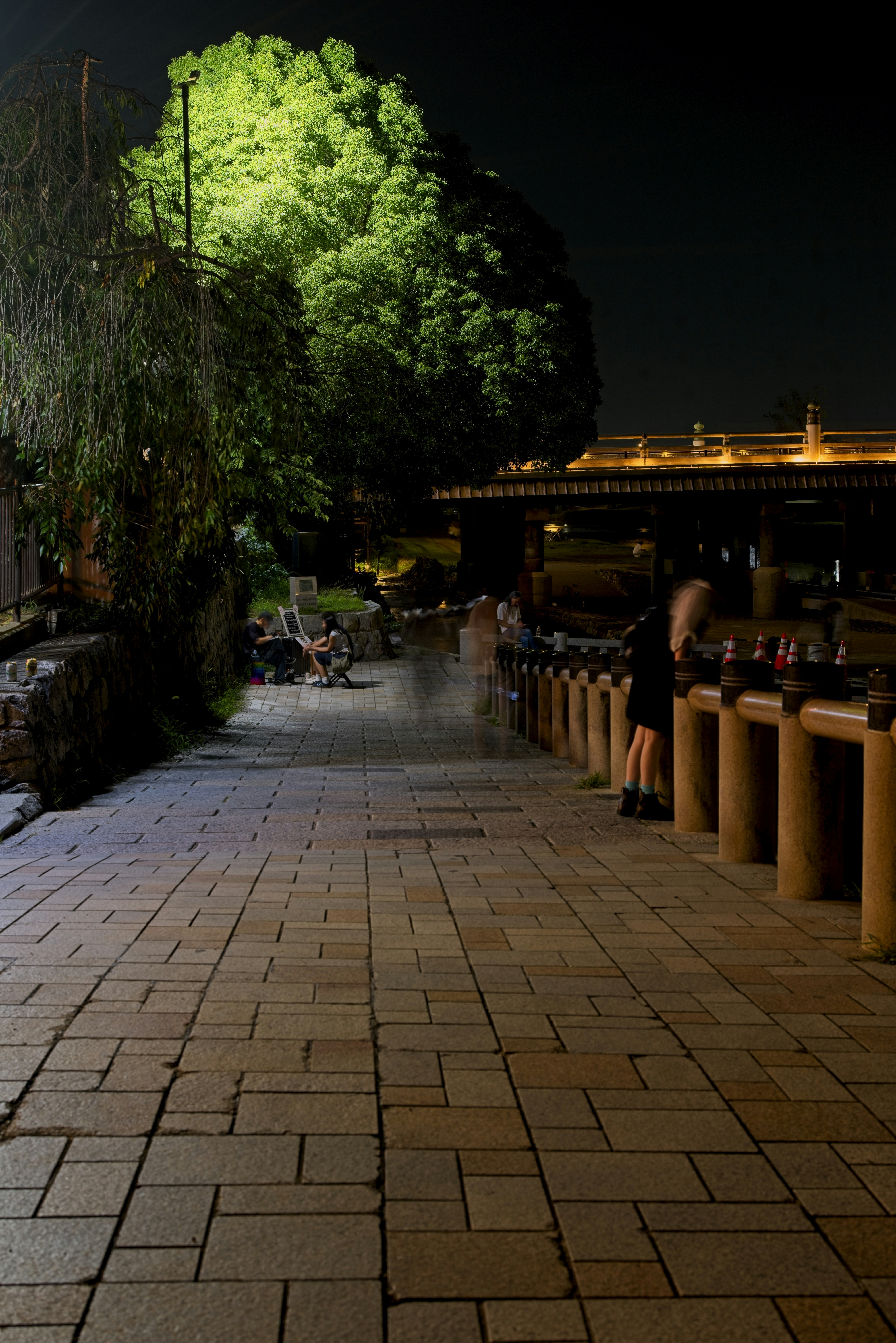Night by the Riverside Promenade: Quiet Figures and Neon Water