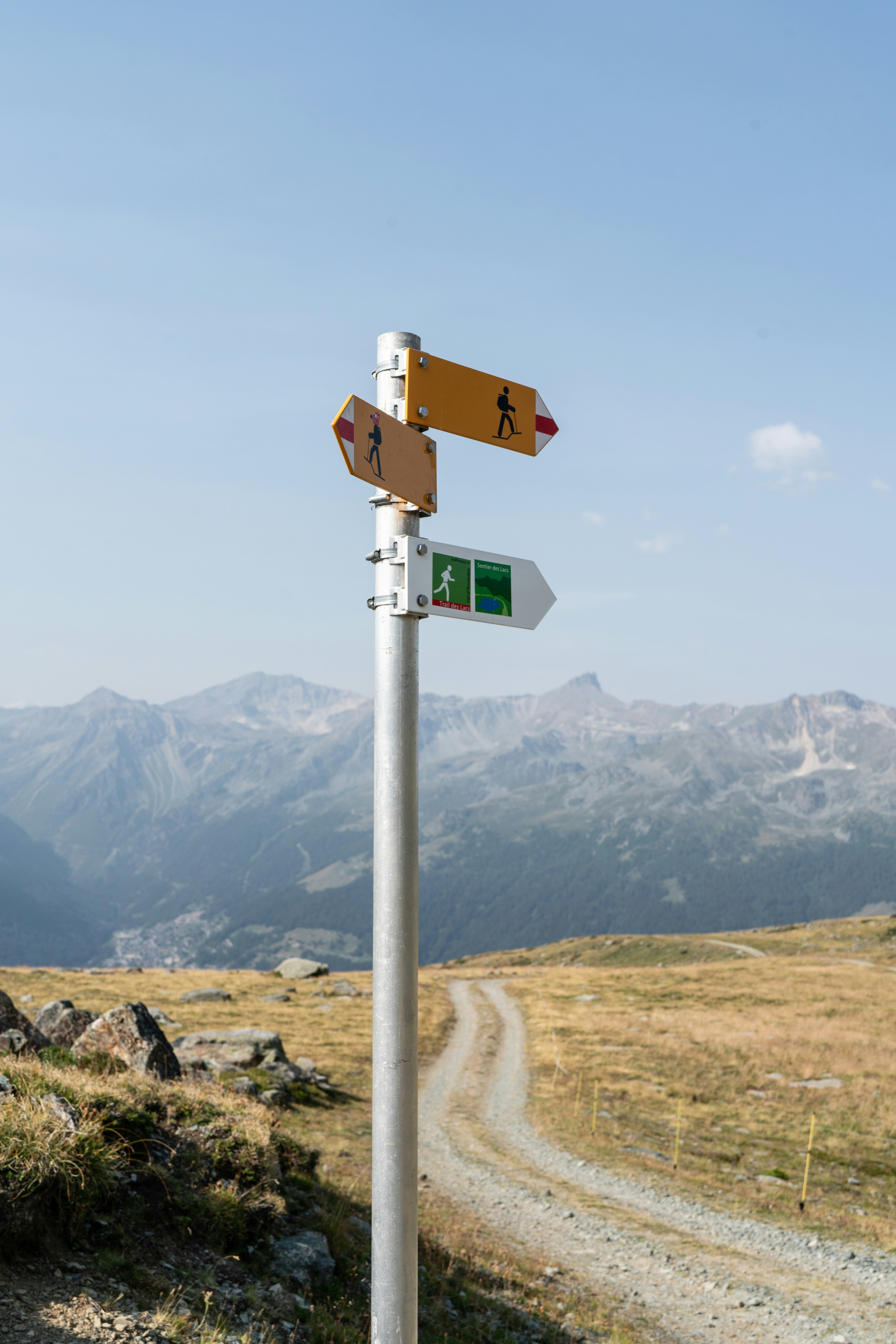 Dirt path winding toward distant mountains with a metal signpost at center, guiding hikers across a highland landscape.