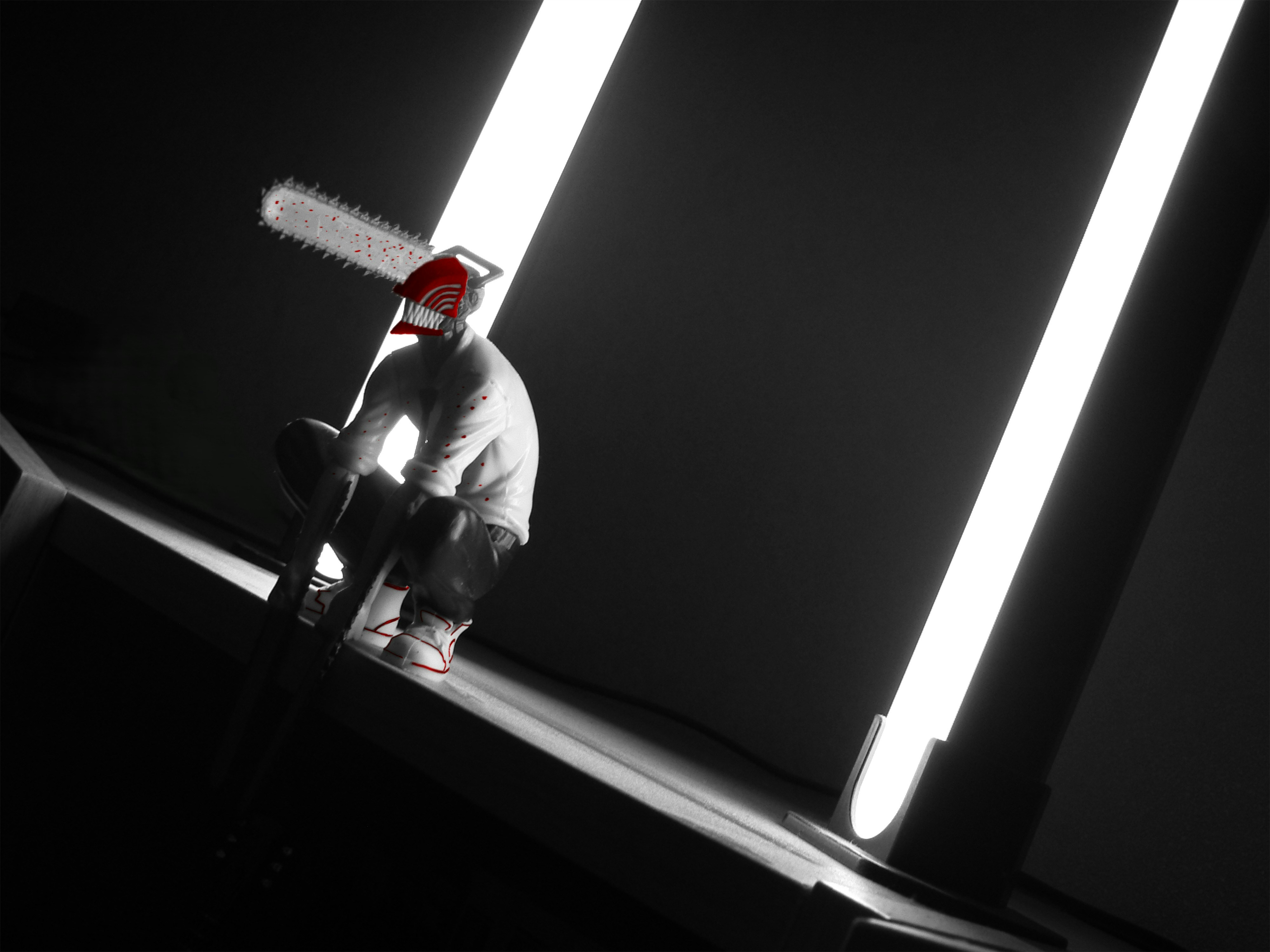Chainsaw-lit Portrait: A Lone Worker in Neon Silence