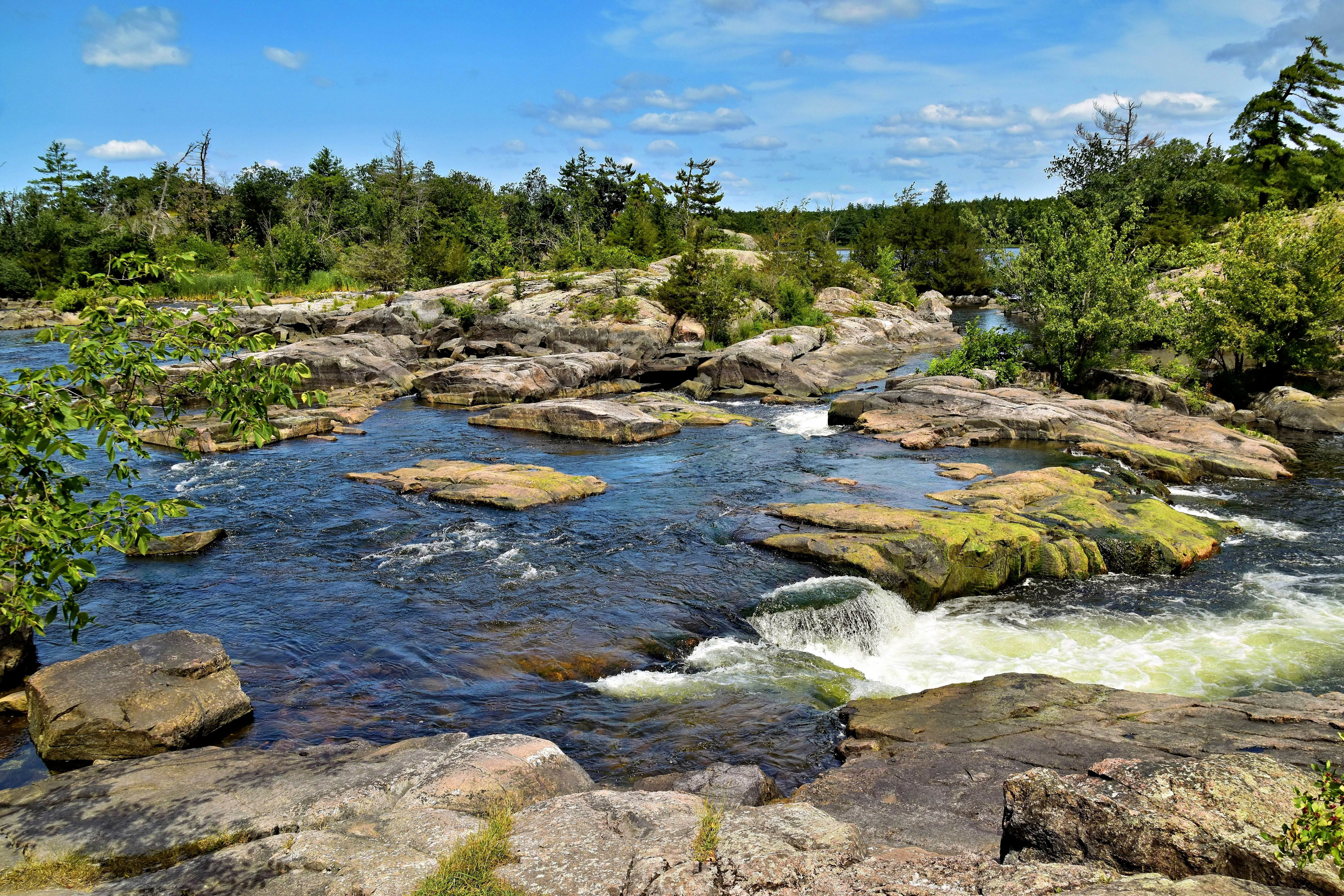 Sunlit granite rocks cradle a fast-moving river, with mossy ledges and scattered trees framing a tranquil, nature-filled stream scene.