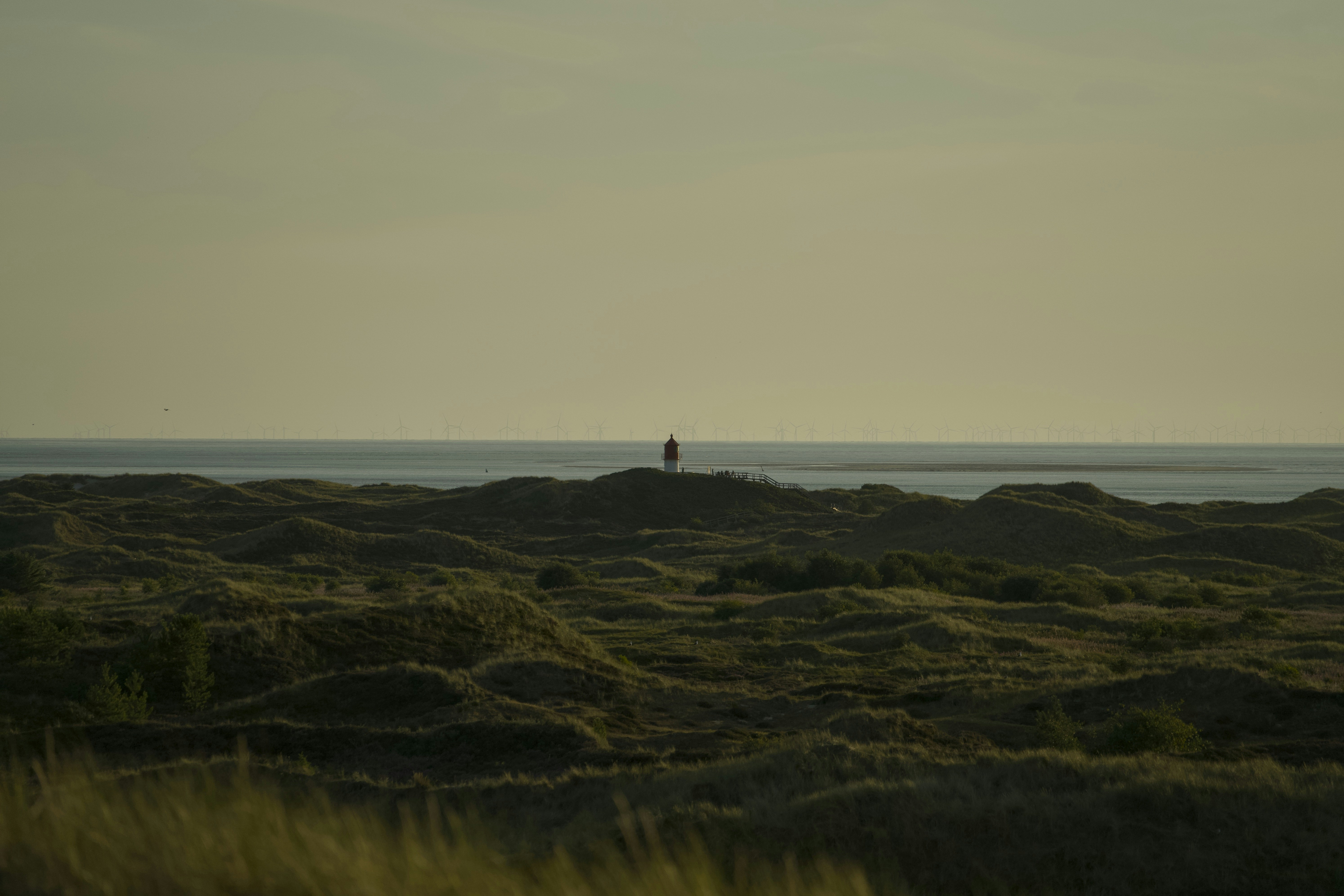 Lone Beacon at the Shoreline: Dunes, Dusk, and a Distant Silhouette