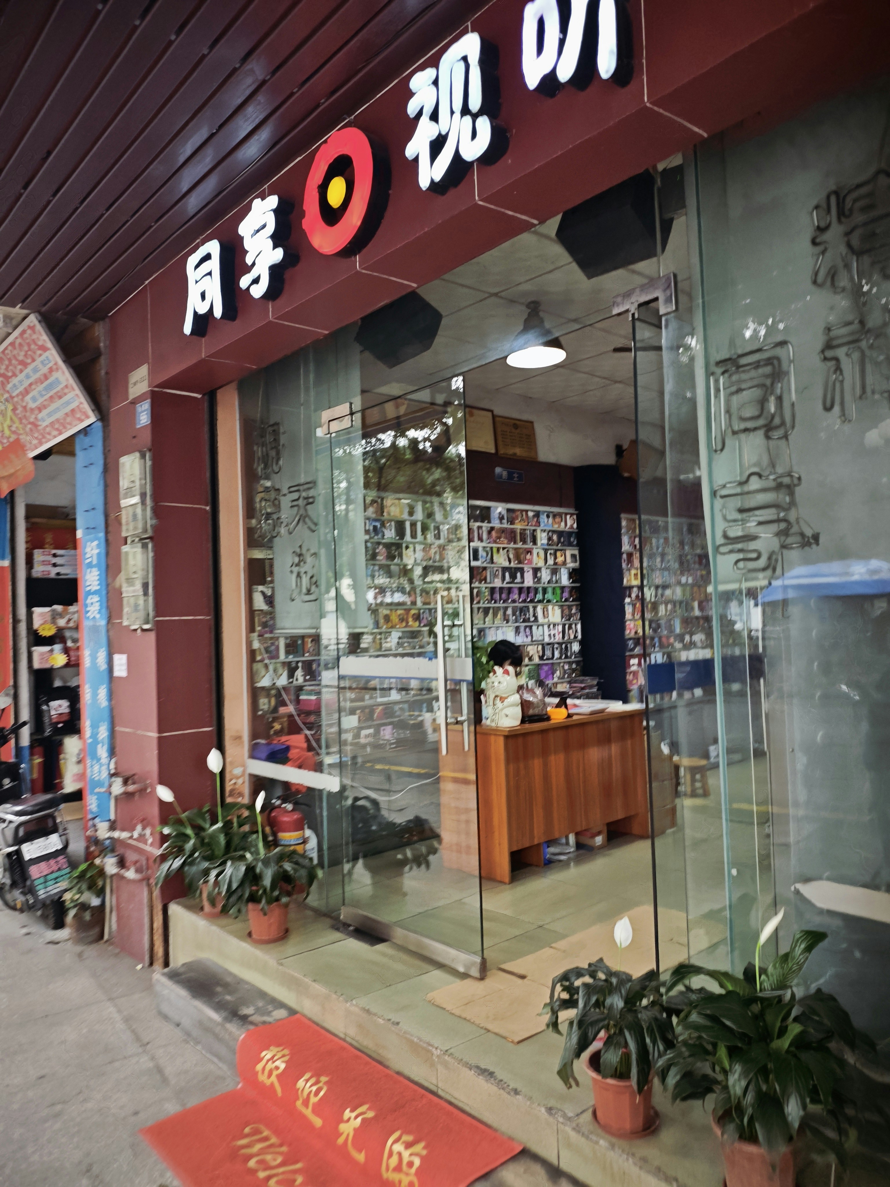 A tablet-fronted storefront with a glass facade reveals a small shop interior where a person sits at a wooden counter among shelves of items; potted plants flank the entrance.
