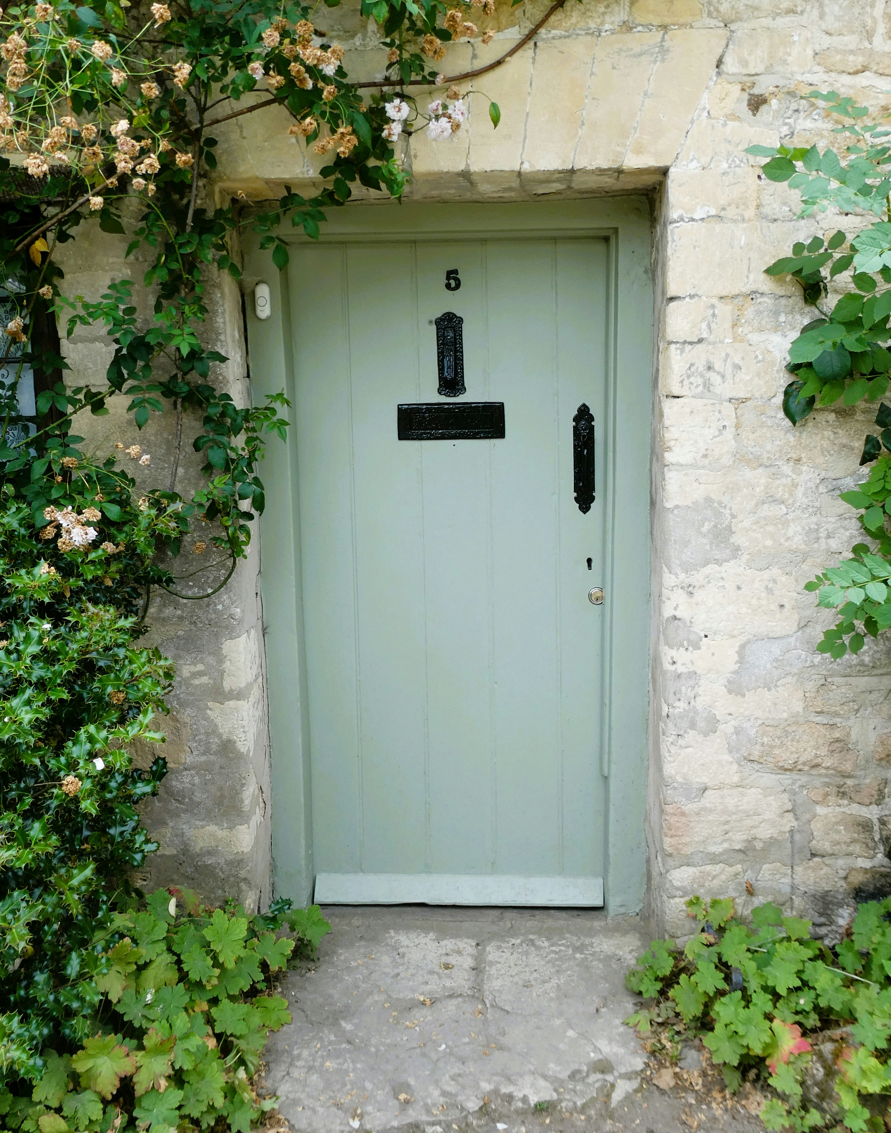 Pastel door of ivy-wrapped stone cottage