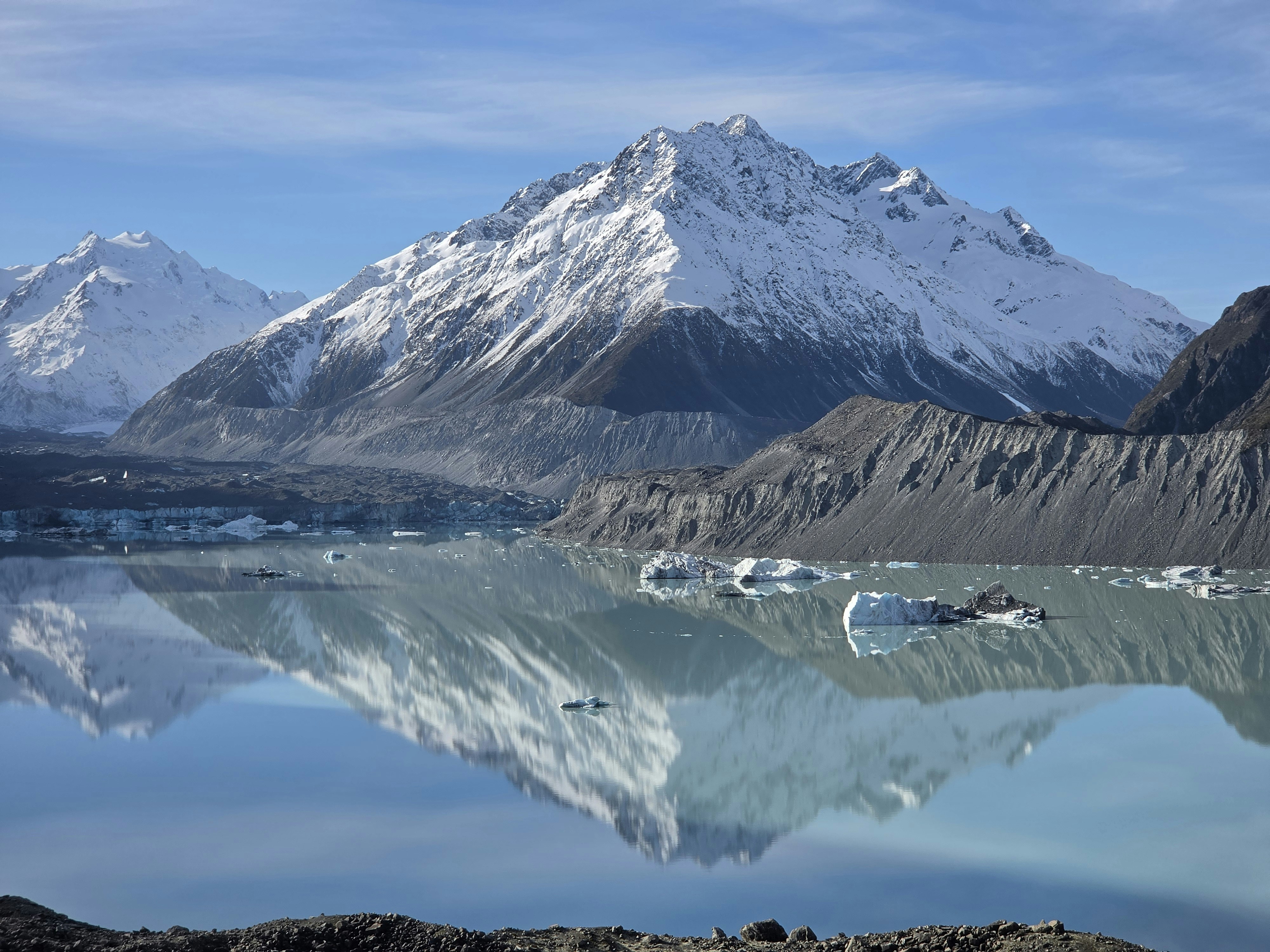 Snow-capped Aoraki Mount Cook reflecting in the calm waters of Tasman Lake