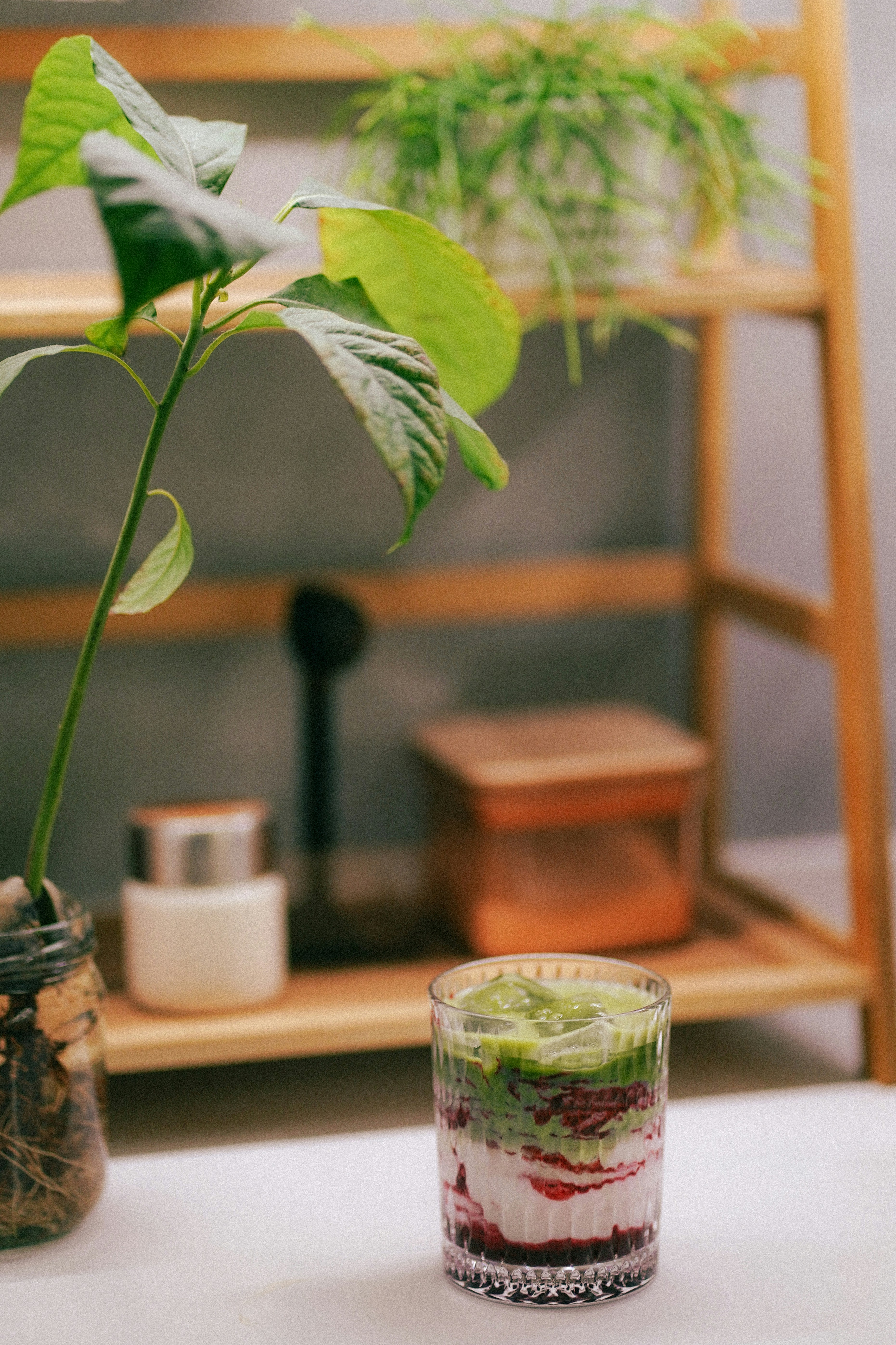 A glass with layered berry and mint sits on a desk, with potted plant and blurred indoor shelf in the background.