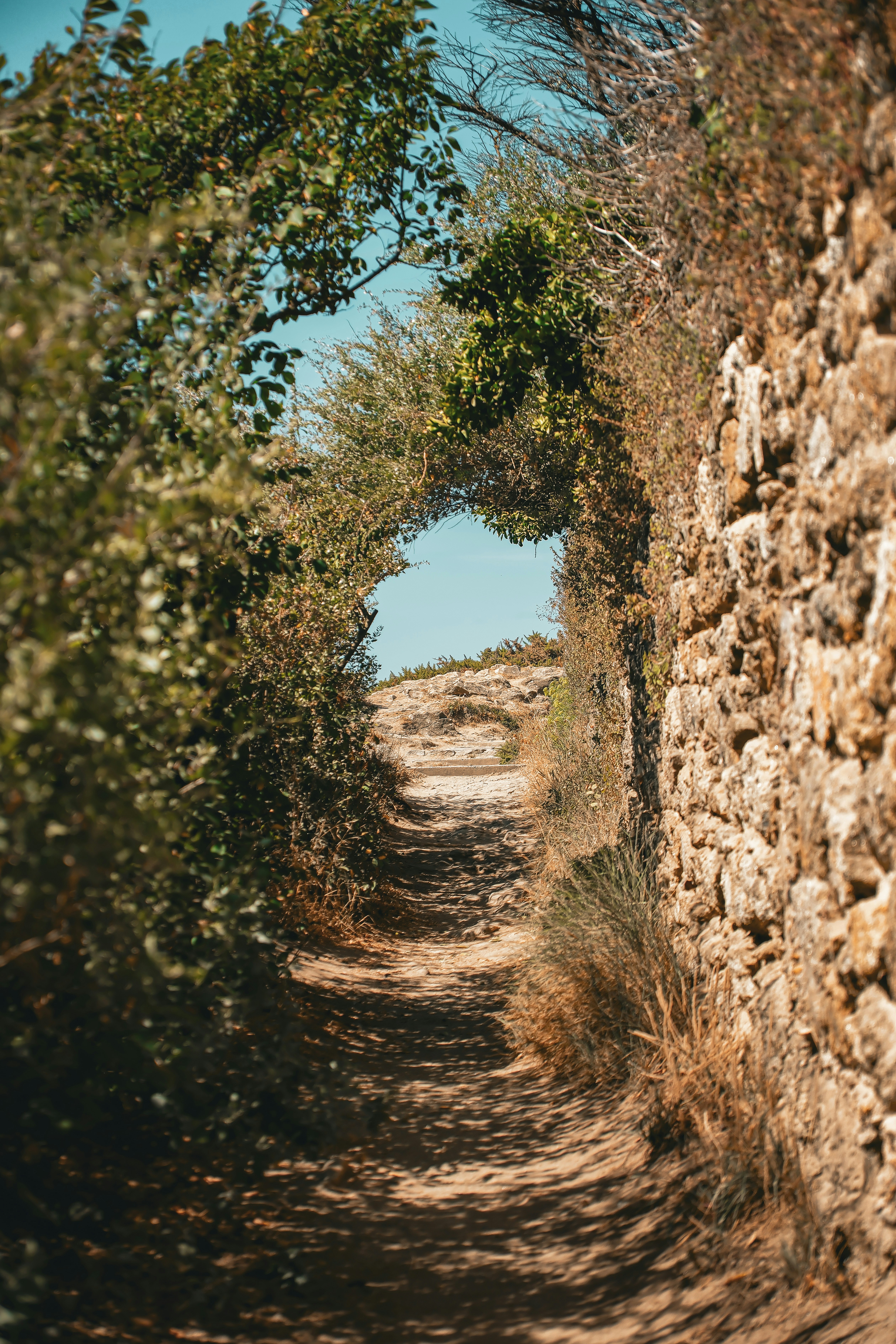 Arched Sunlit Path Through a Stone Corridor